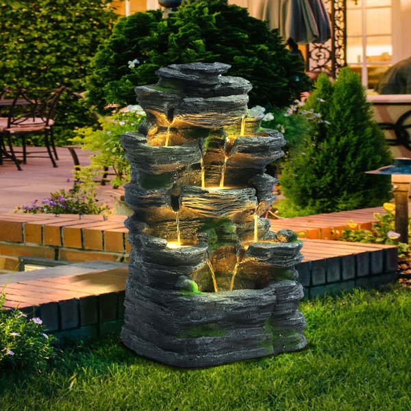 Millwood Pines 7 Tiers Cascading Rock Outdoor Water Fountain, Garden ...