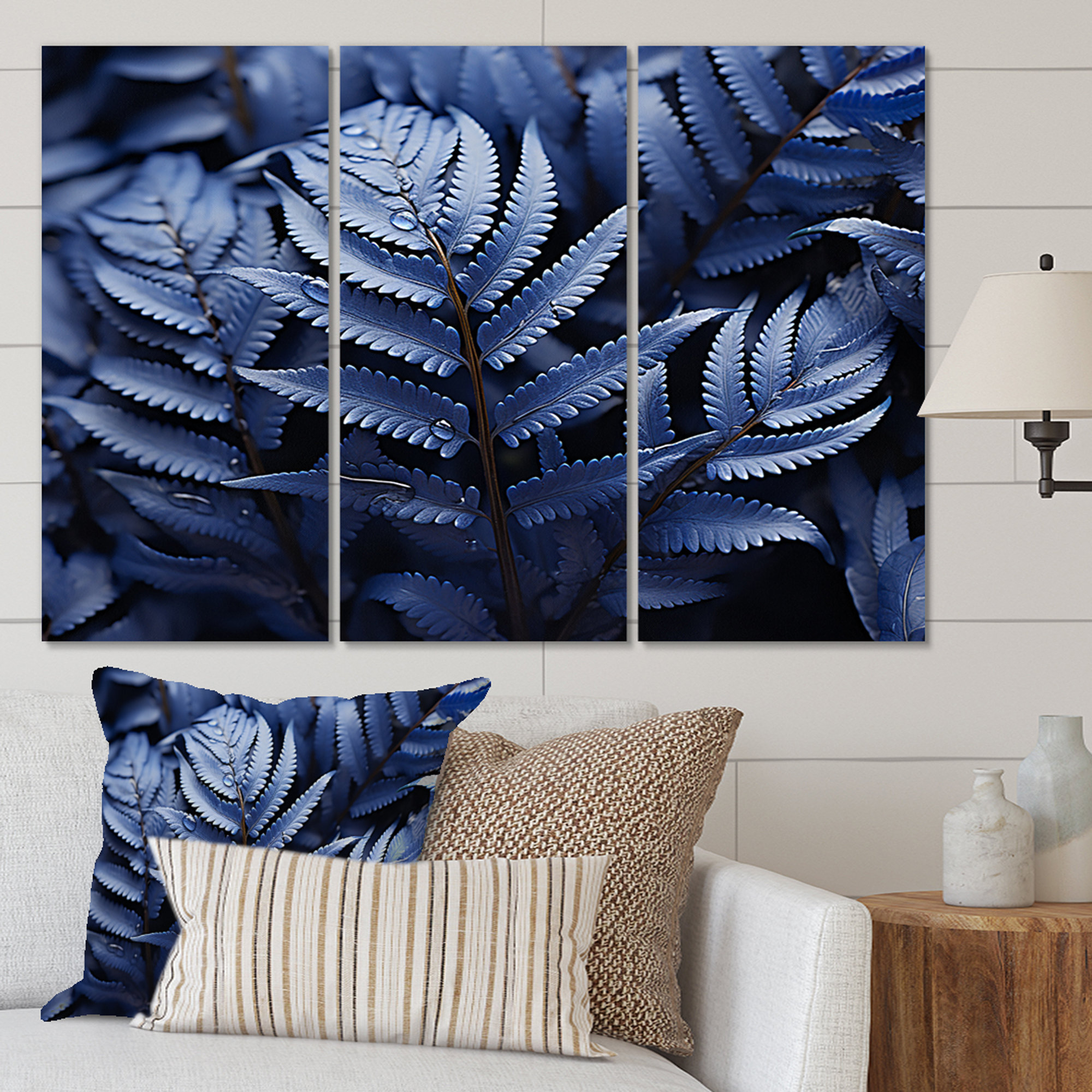Design Art Blue Ferns Indigo Tranquility I - Floral Metal Art Print Set ...