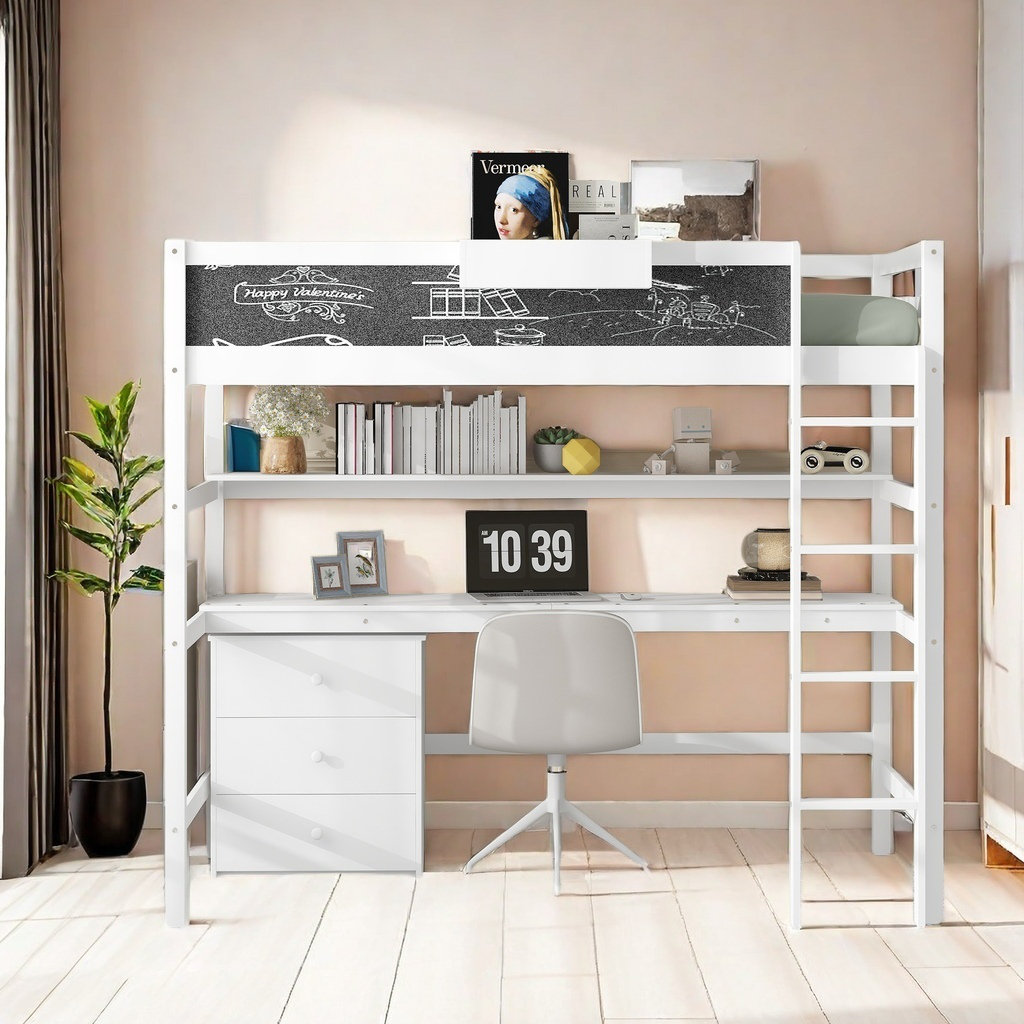 Harriet Bee Wood Twin Size Loft Bed With Desk, Blackboard, Storage Box ...