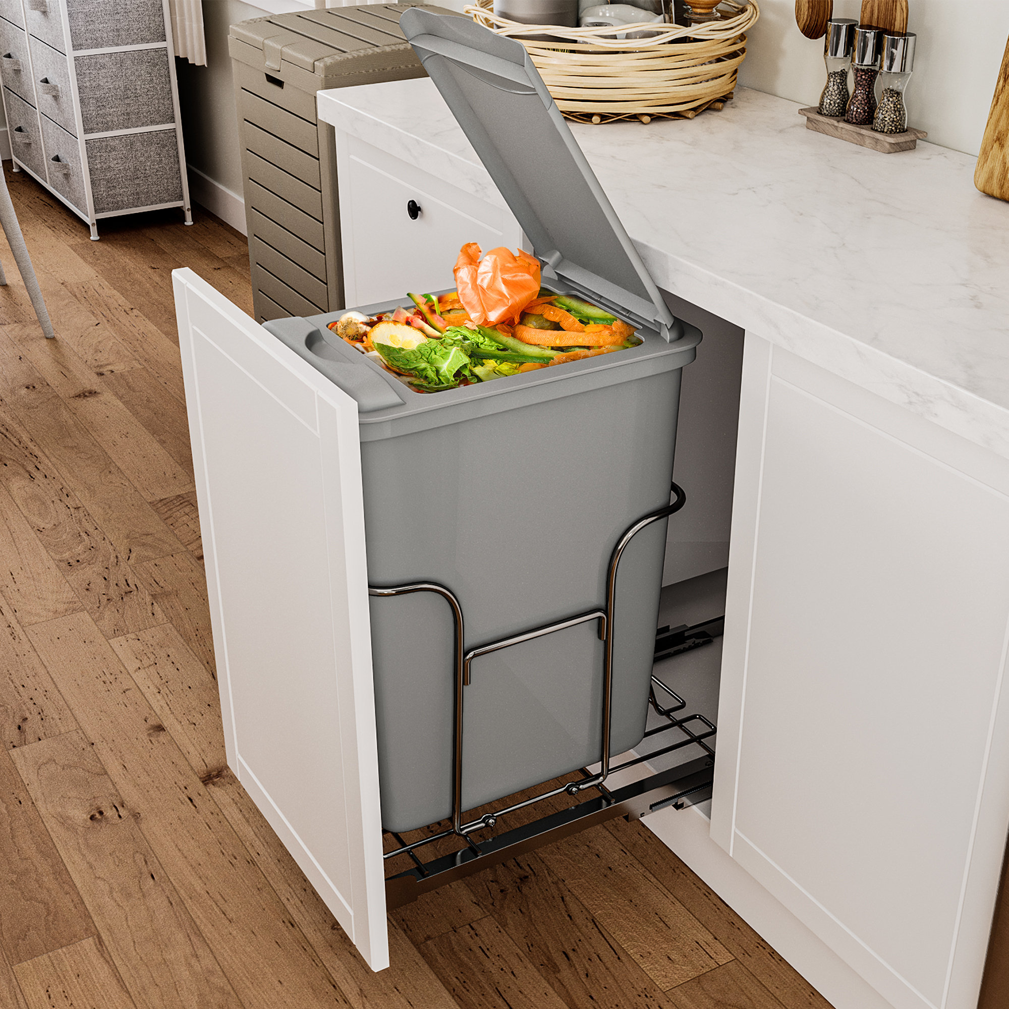 Balconera 32 QT Grey Pull-Out Trash Can Recycling Bin With Lid Sliding ...