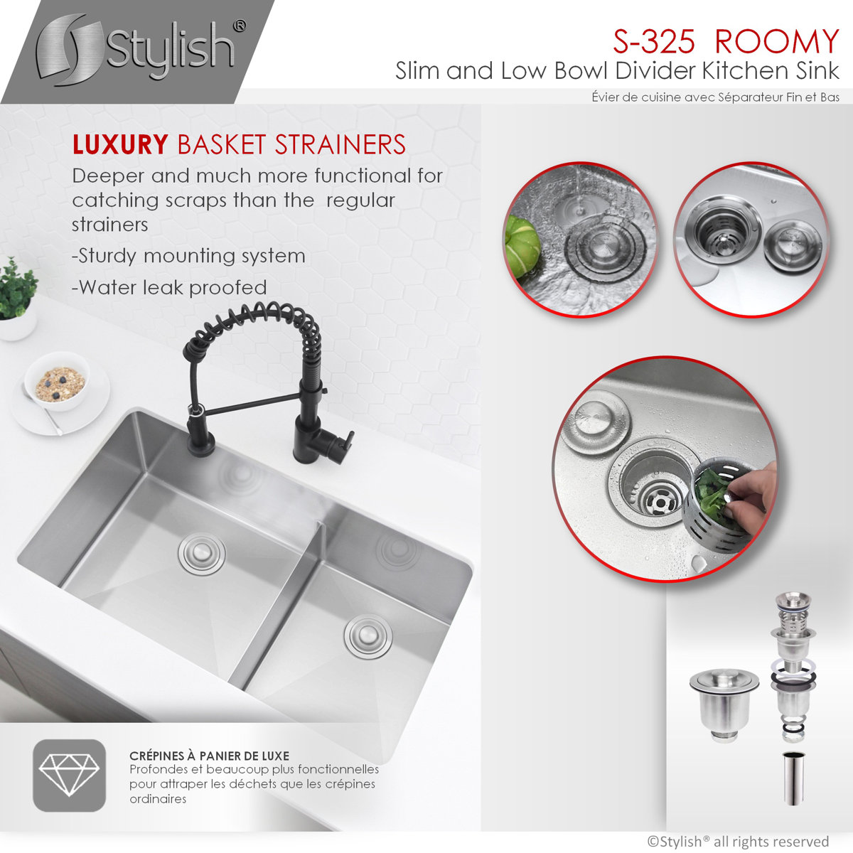 STYLISH 32 inch Low Divider 60/40 Double Bowl Undermount Kitchen Sink ...