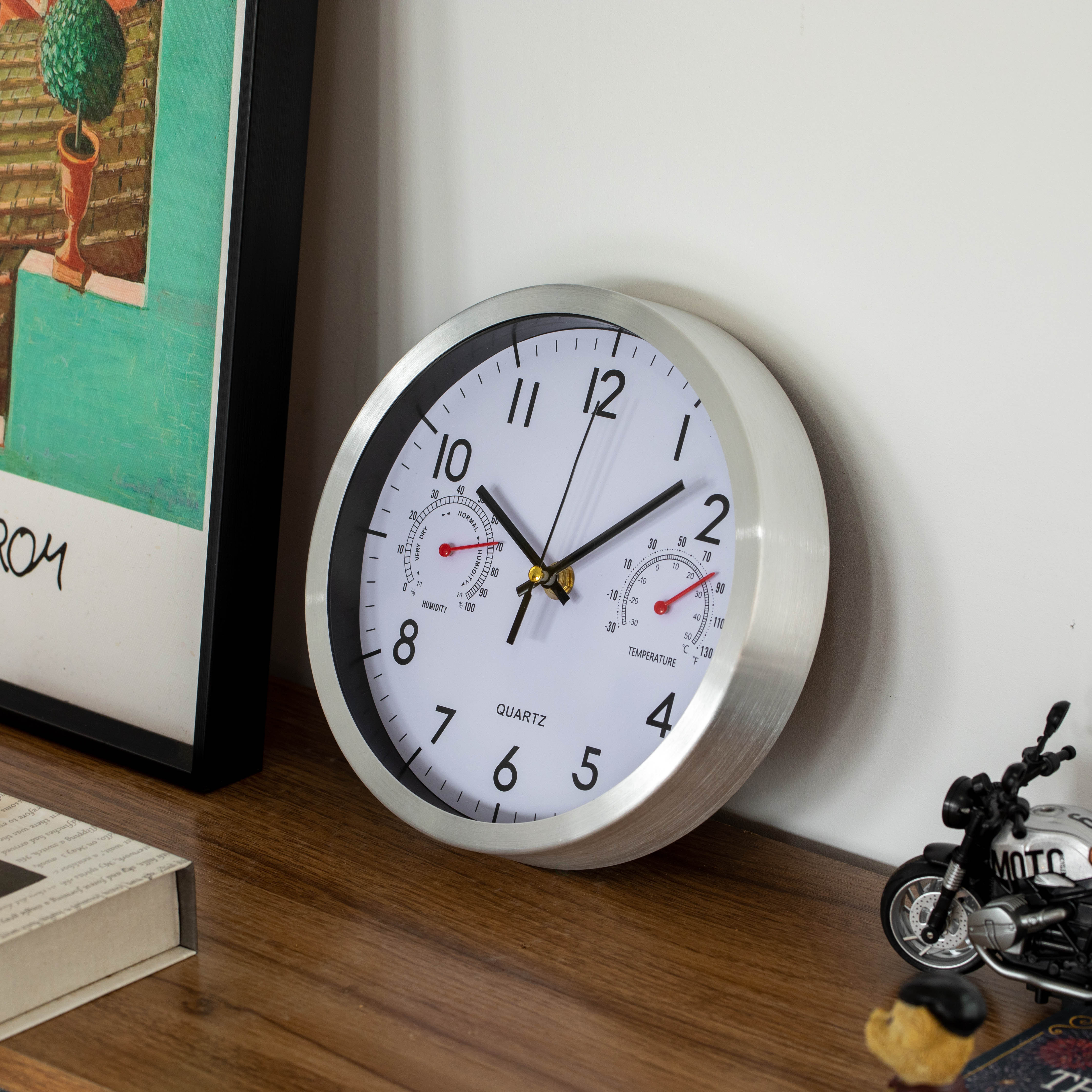 Ebern Designs Non-ticking Quartz Wall Clock With Thermometer ...
