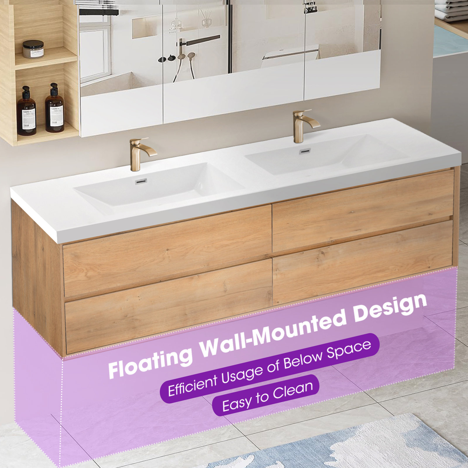 Ebern Designs 72 Inch Floating Wall-Mounted Bahtroom Vanity With Double ...