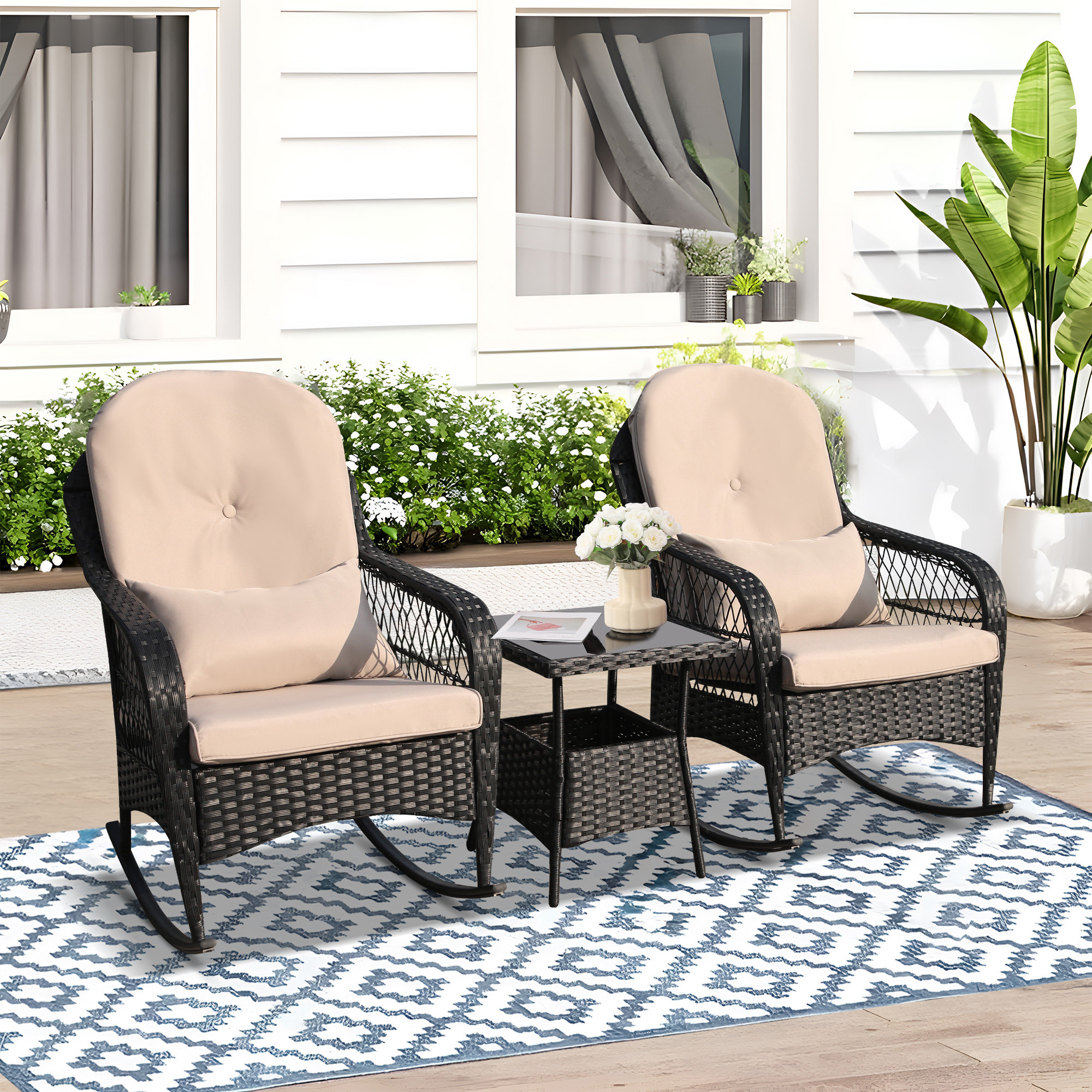 Lark Manor™ Outdoor Wicker Rocking Chair with Padded Cushions, Aluminum ...