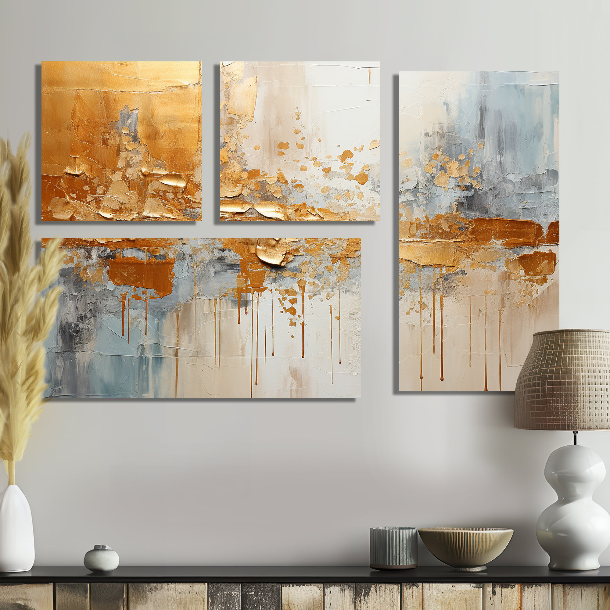 Latitude Run® Golden Gleam I - Modern Canvas Prints Set Of 4 | Wayfair