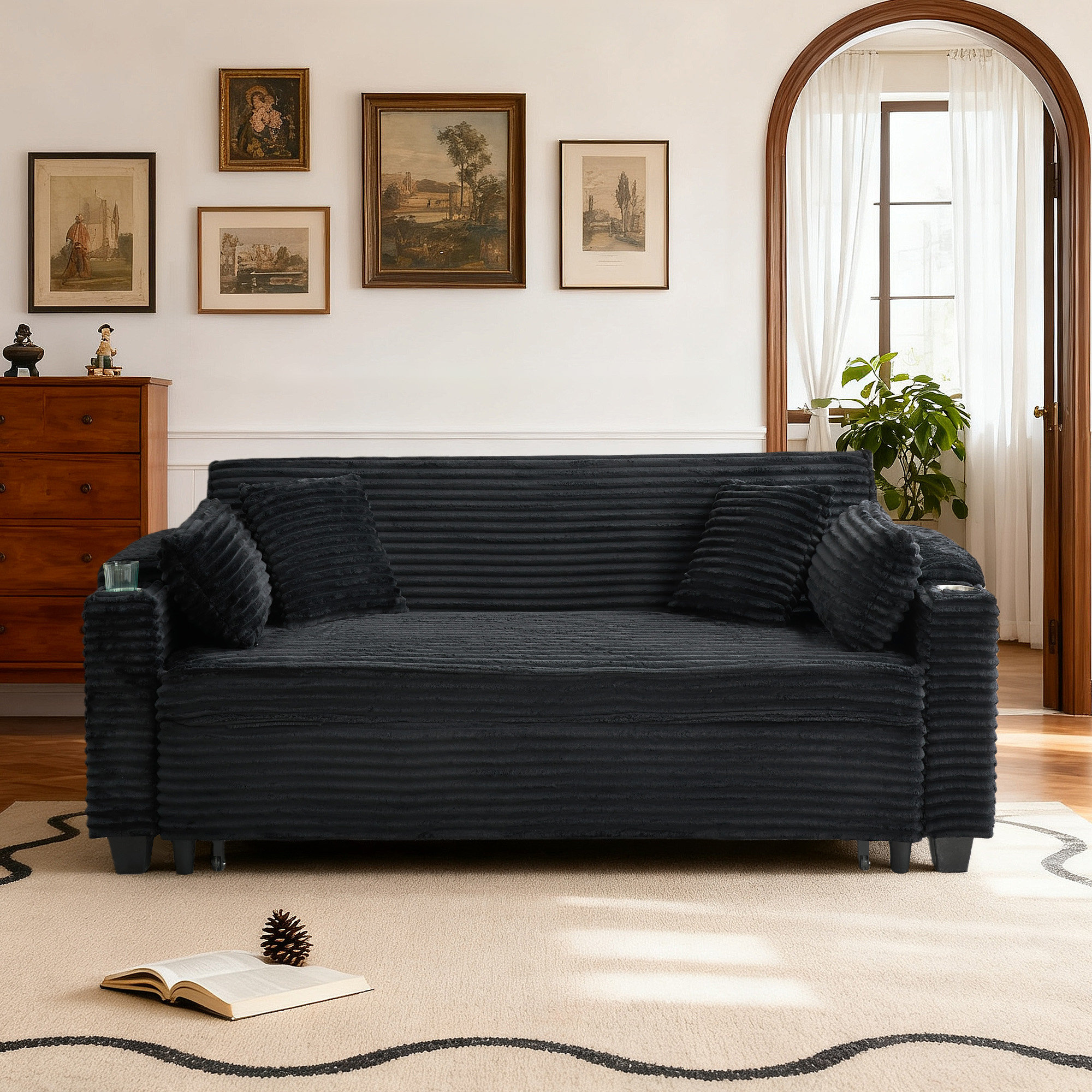 Mercer41 80 Inch Black Convertible Sofa With Storage Arms & Cup Holders ...