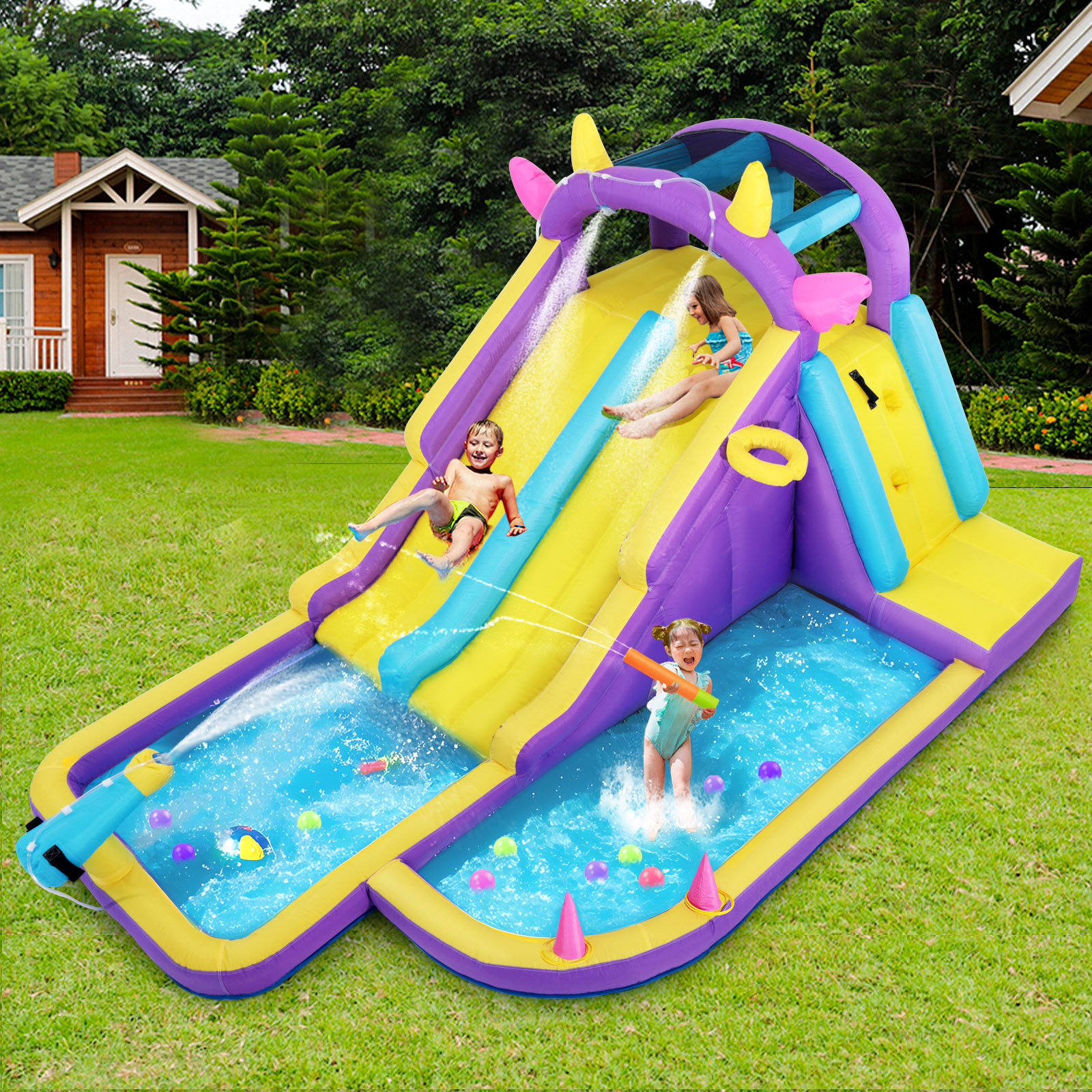 Joyldias Double Slides Inflatable Bounce House,480w Air Blower Slide ...