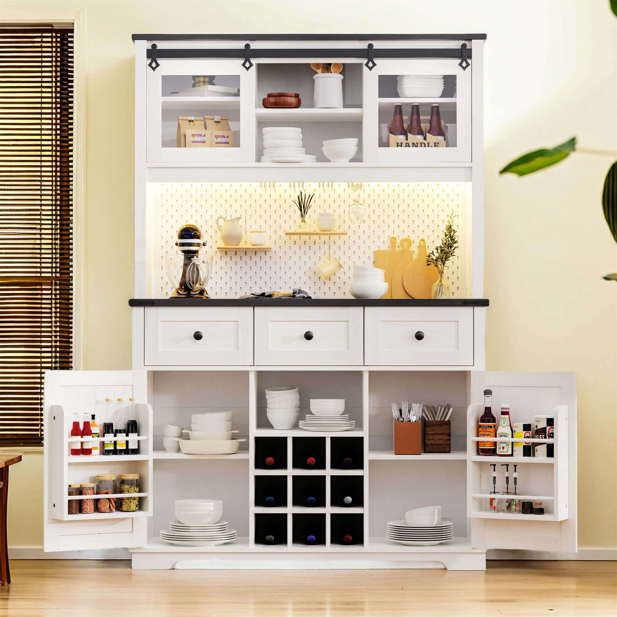 Gracie Oaks Farmhouse Pantry Cabinet With Sliding Doors, Power Outlet ...