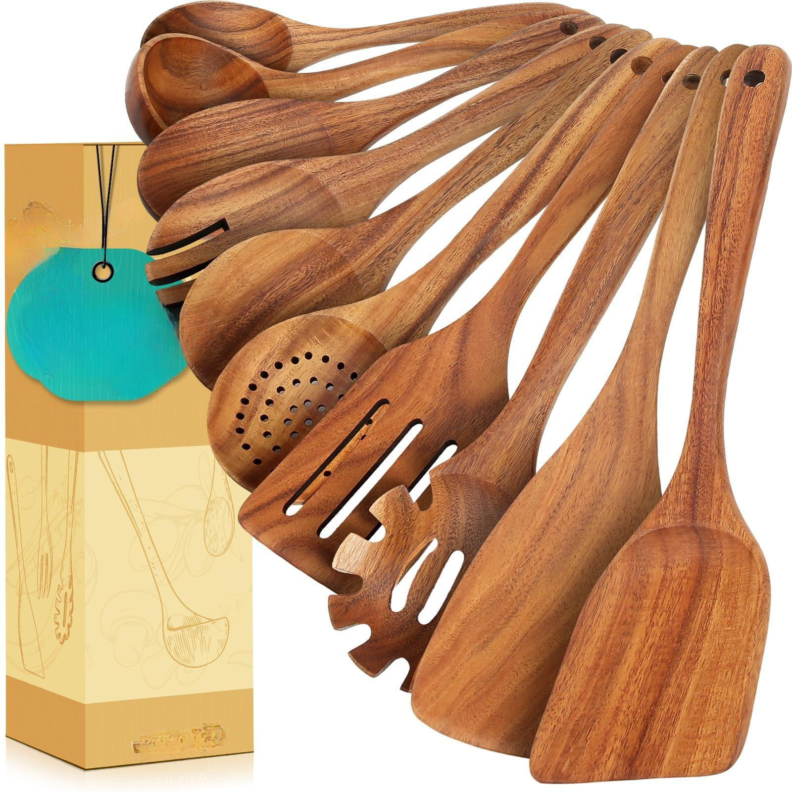 FAST APPLIANCES LLC 10 Pcs Wooden Spoons For Cooking, Wooden Utensils ...