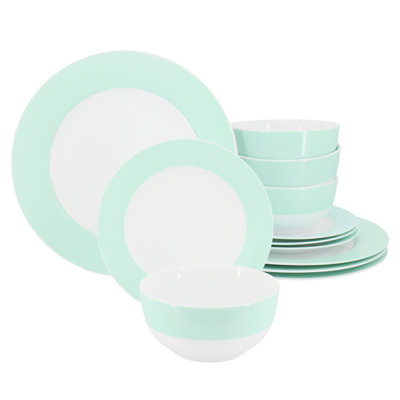 Martha Stewart 12 Piece Banded Fine Ceramic Dinnerware Set in Baby Blue ...