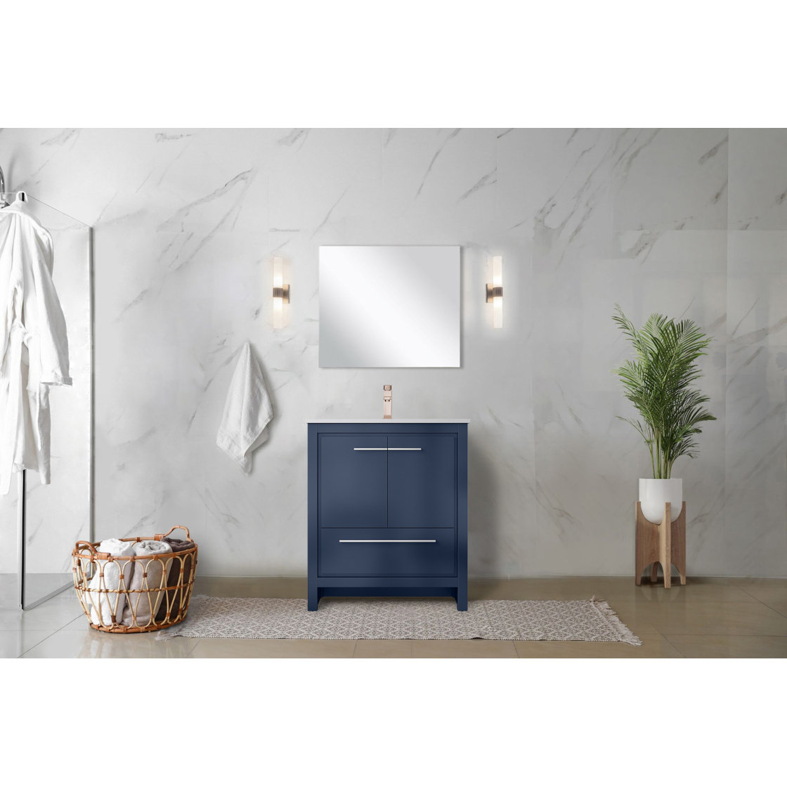 W-Runyong Navy Blue Single Bath Vanity, Top, Gun Metal Faucet Set And ...