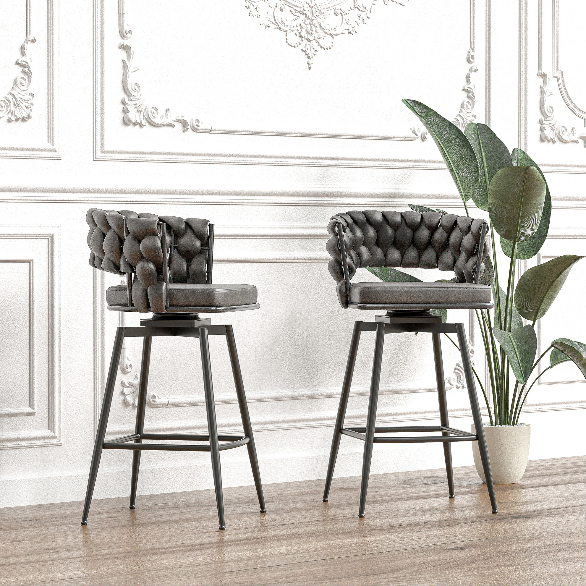 Latitude Run® Of 2 Woven Bar Stools In Tan, 360 Swivel, Metal Base ...