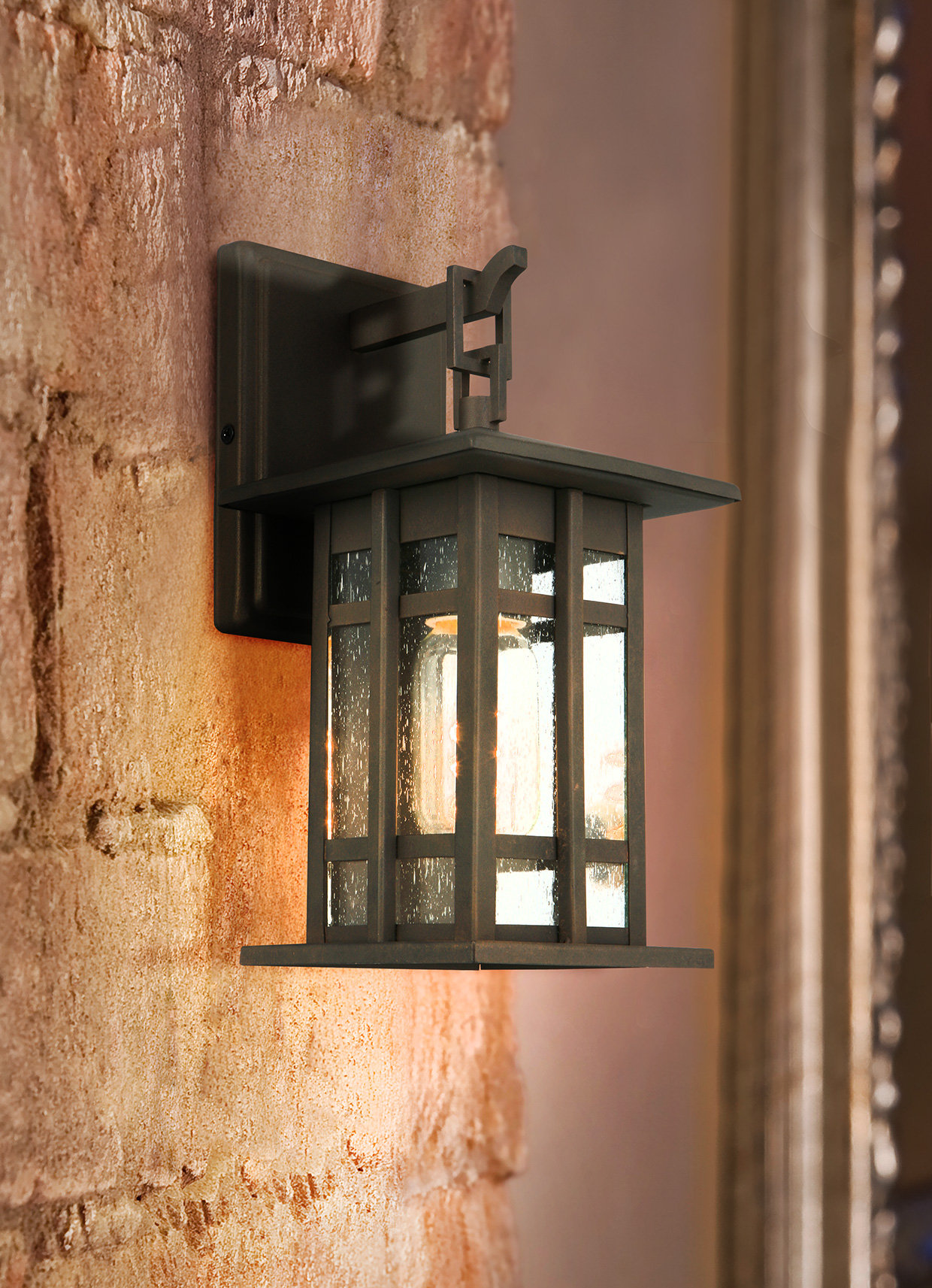 Union Rustic Laurenske Matte Bronze Seeded Glass Outdoor Wall Lantern ...