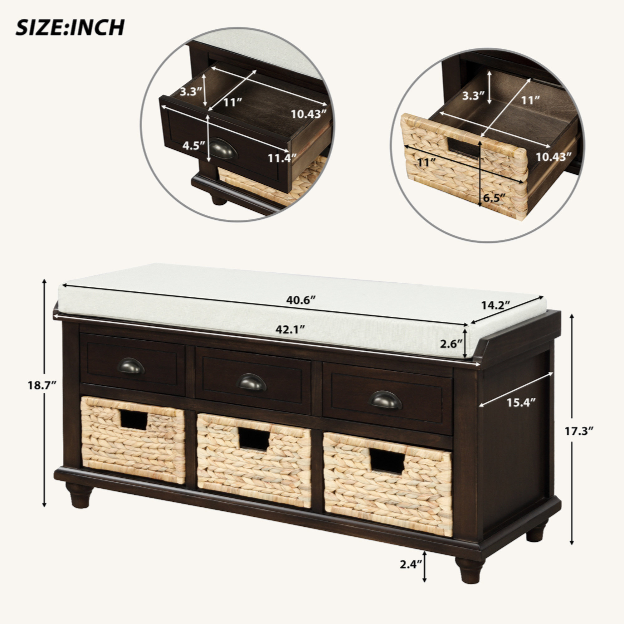 Bay Isle Home™ Rustic Storage Bench With 3 Drawers And 3 Rattan Baskets ...