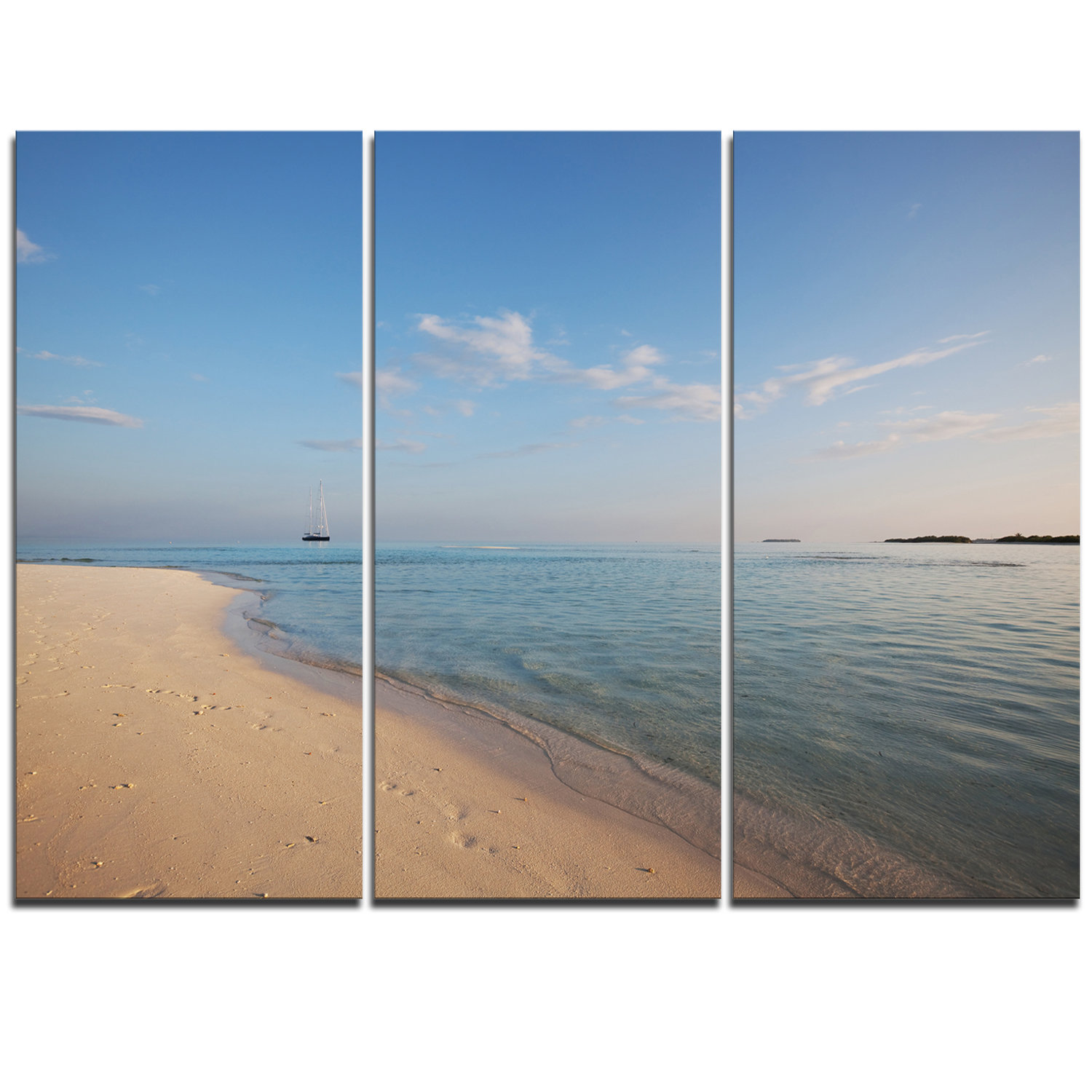 Design Art Serene Maldives Beach with Plain Sky - 3 Piece Graphic Art ...