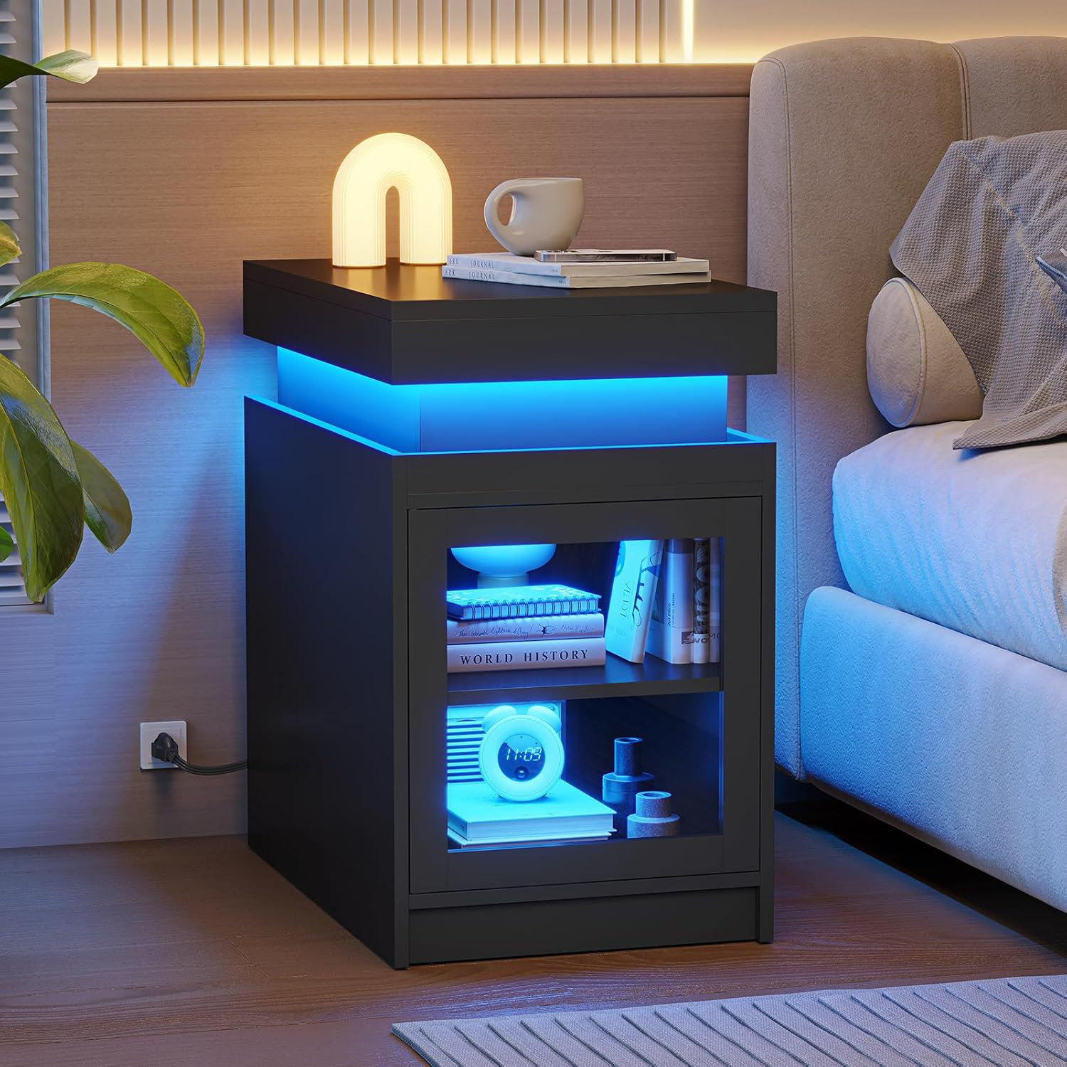 ADORNEVE Nightstand With Led Lights And Sliding Top, Bedside Tables For ...