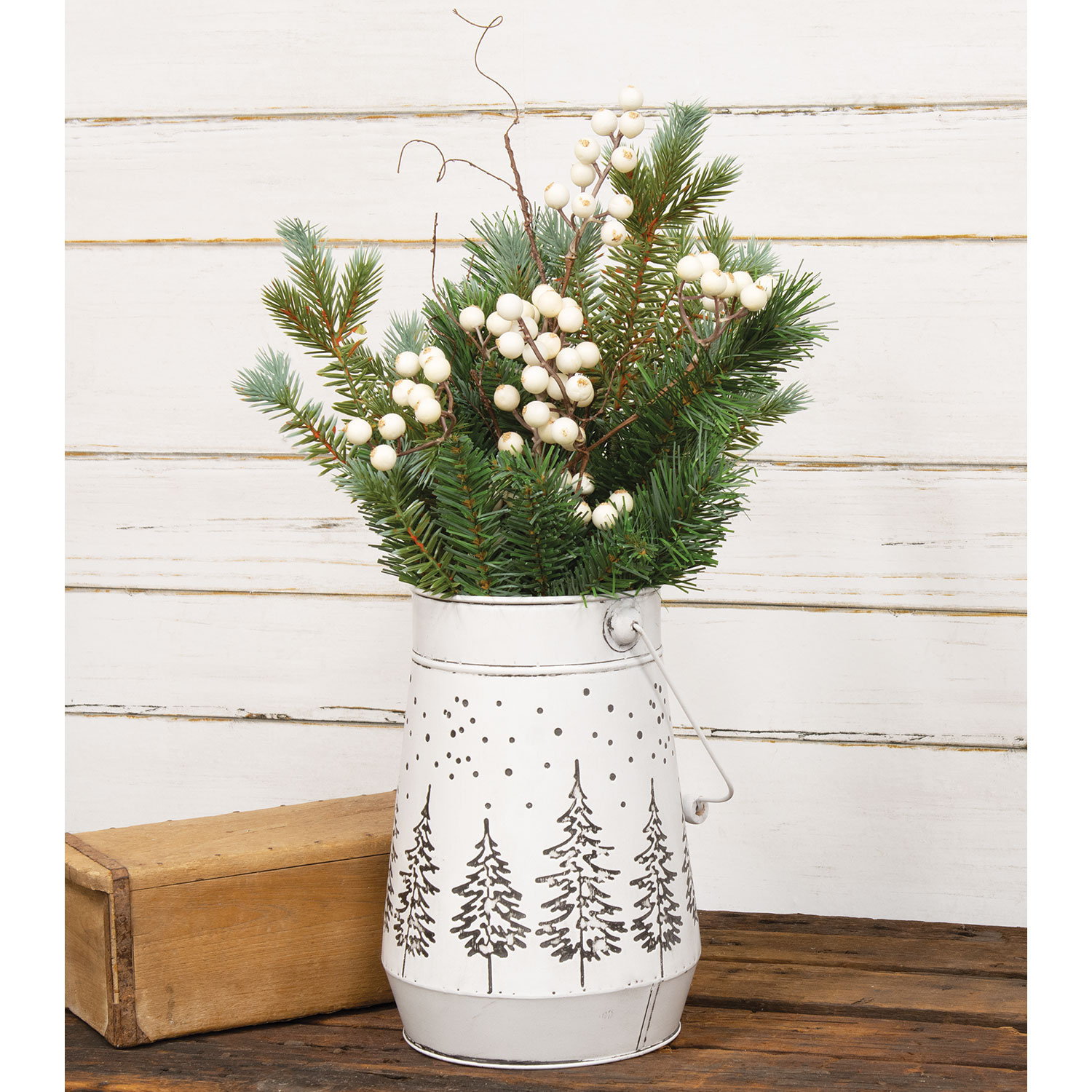 The Holiday Aisle® Distressed White Metal Winter Trees Etched Bucket ...