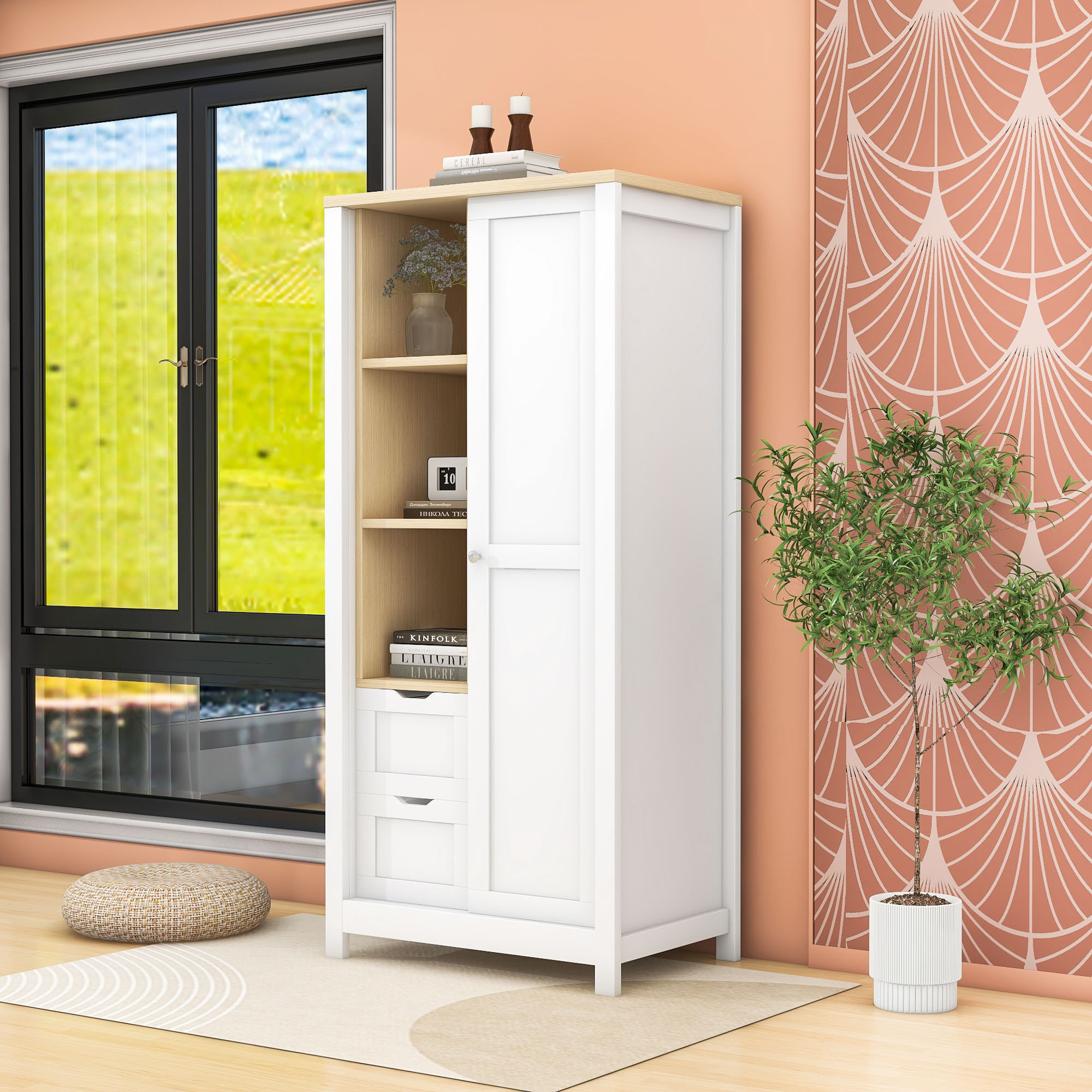 Winston Porter Bedroom Storage Wardrobe with 2 Drawers, Sliding Door ...