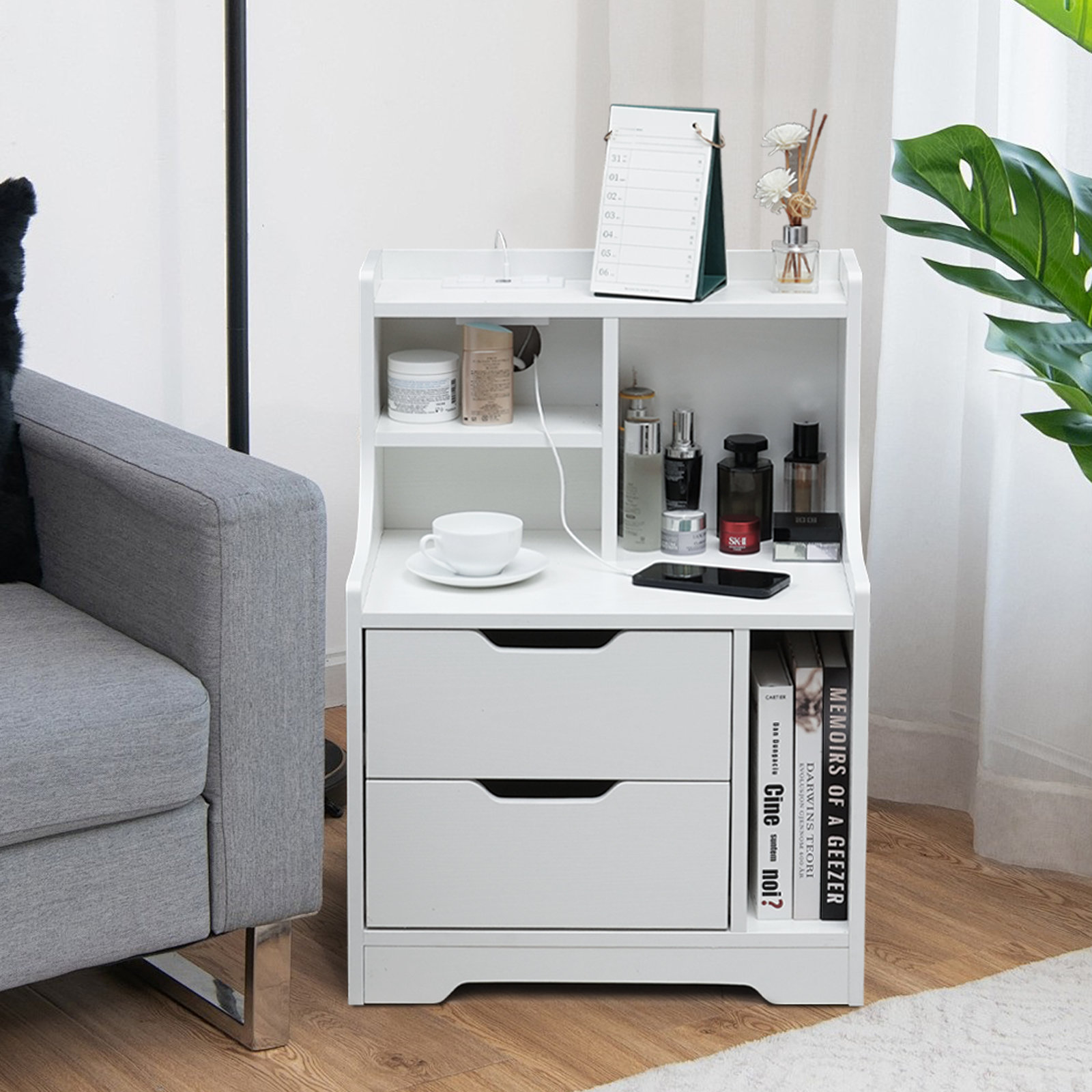 Wade Logan Brackett Plug-In Wood End Table with Storage Shelf 2 Drawers ...