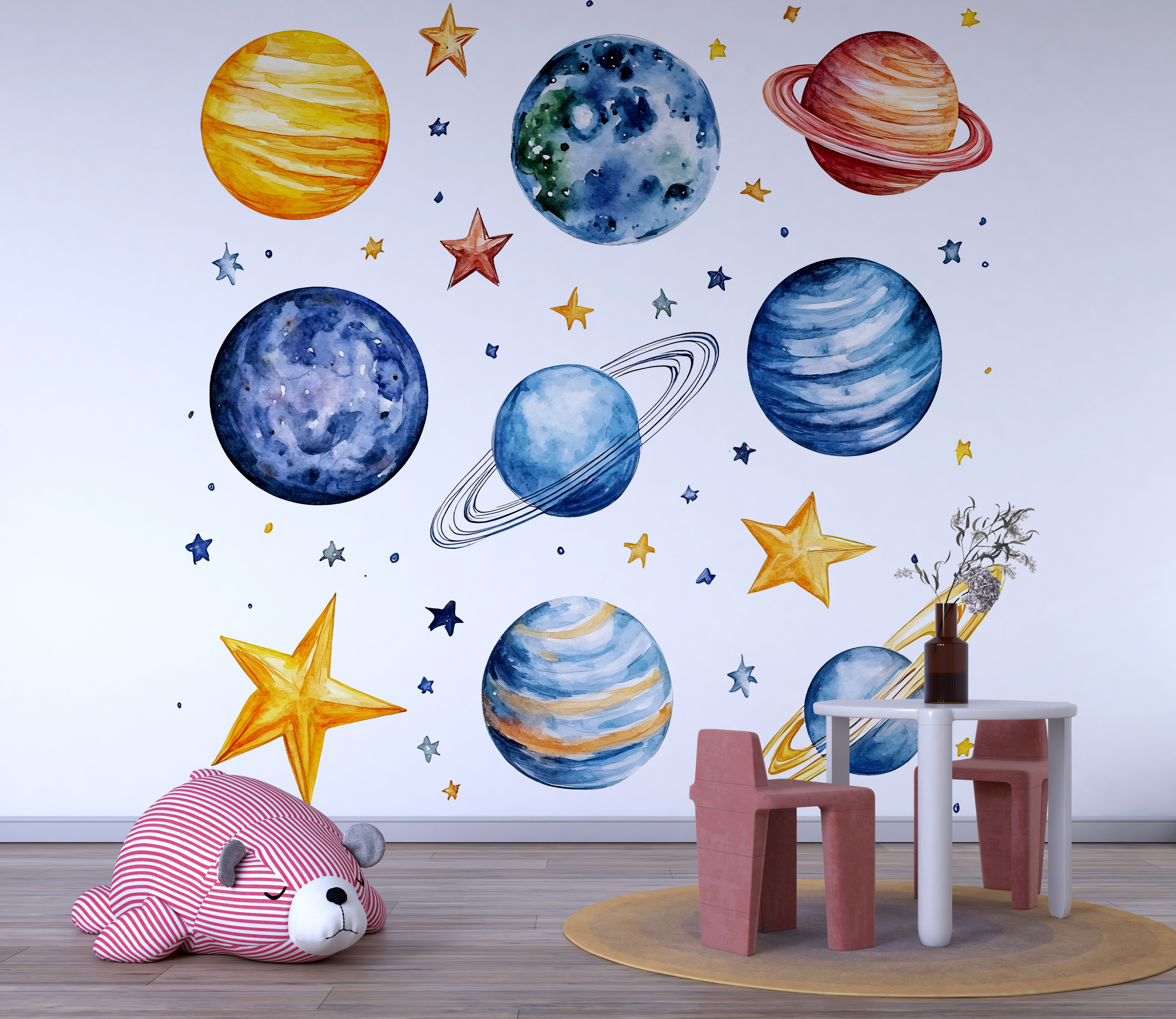 Trinx Watercolor Planet Wall Decals – Solar System Nursery Wall Art ...