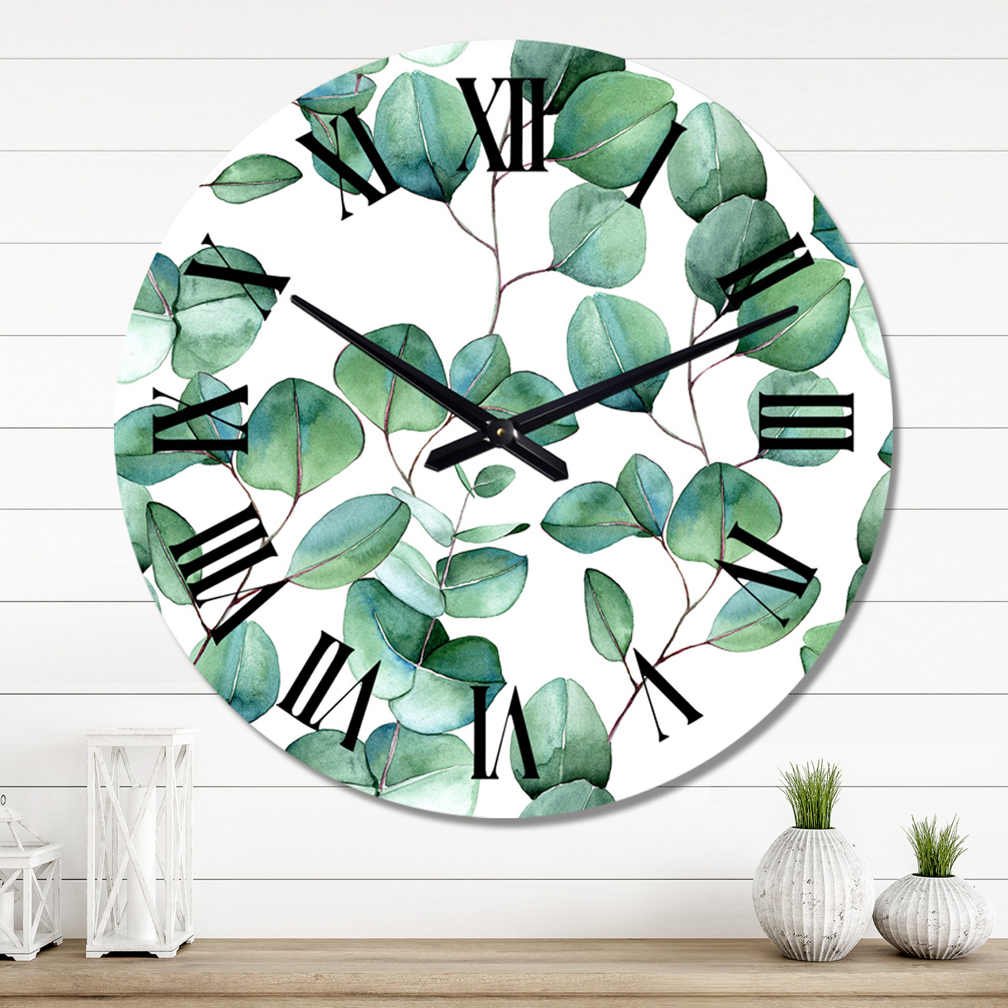 East Urban Home Eucalyptus Branch on White II - Tropical Wall Clock ...
