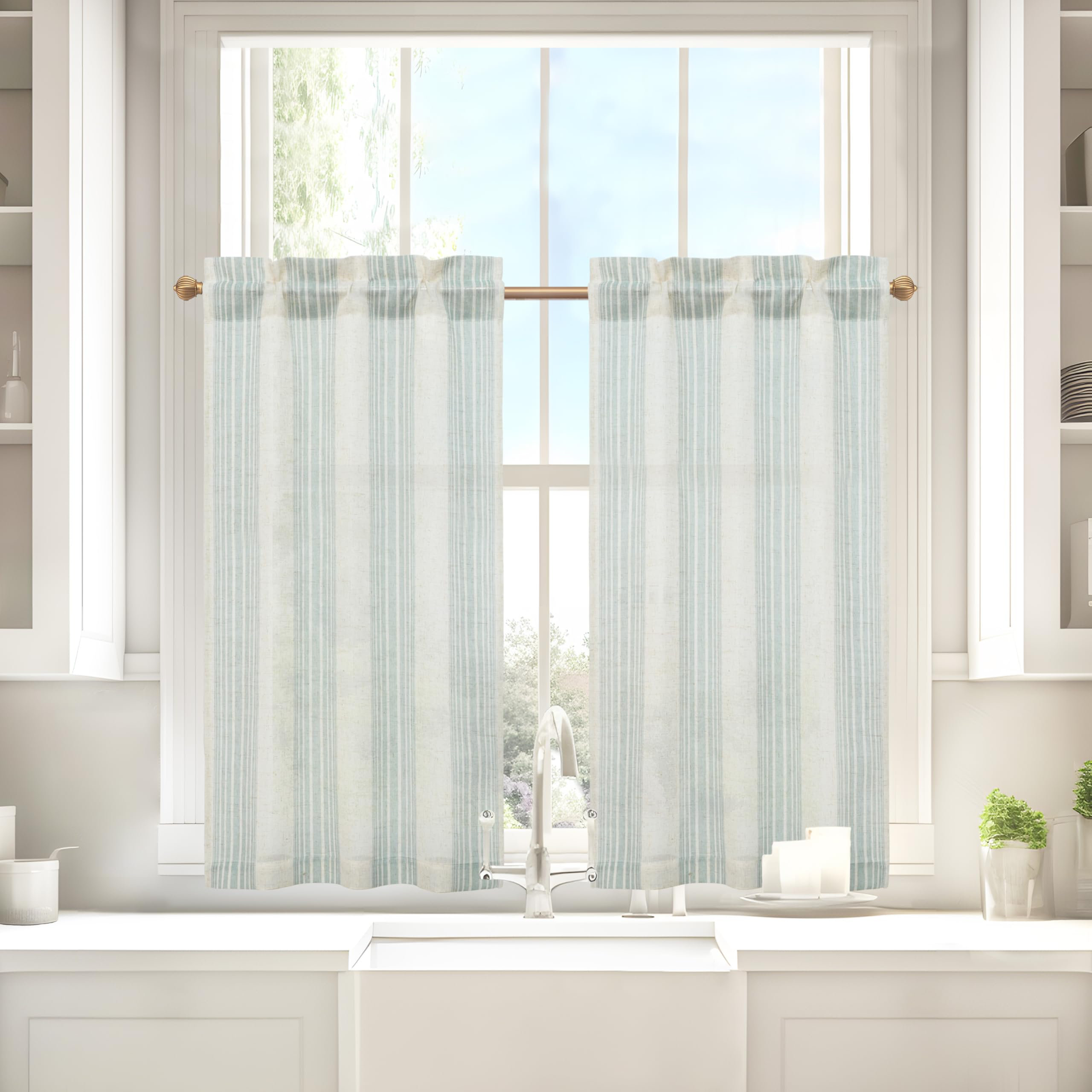 Gracie Oaks Kitchen Curtains Striped Tier Linen Short Curtains ...