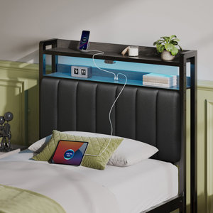 Aheaplus Upholstered Headboard with LED Lights and Charging Station ...