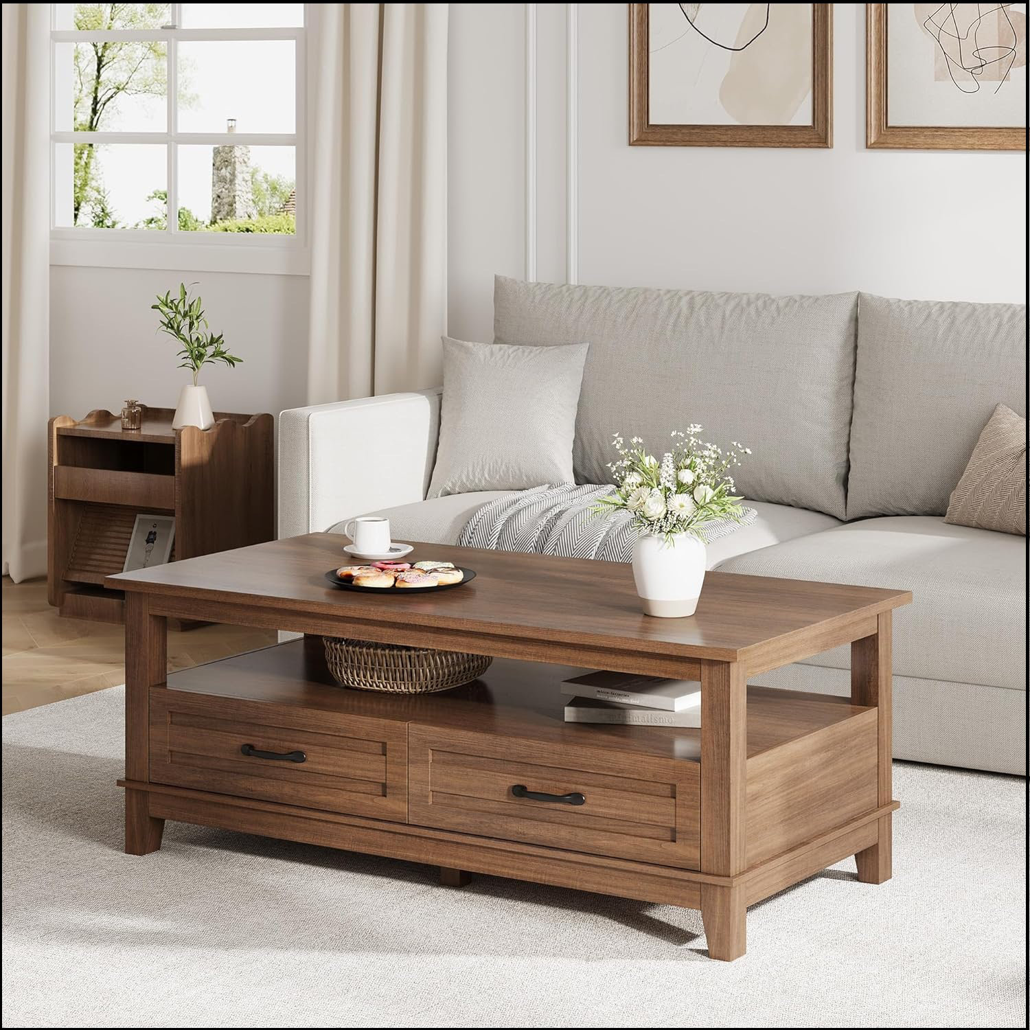 August Grove® 47.24" Farmhouse Coffee Table With Drawers, Rustic Coffee ...
