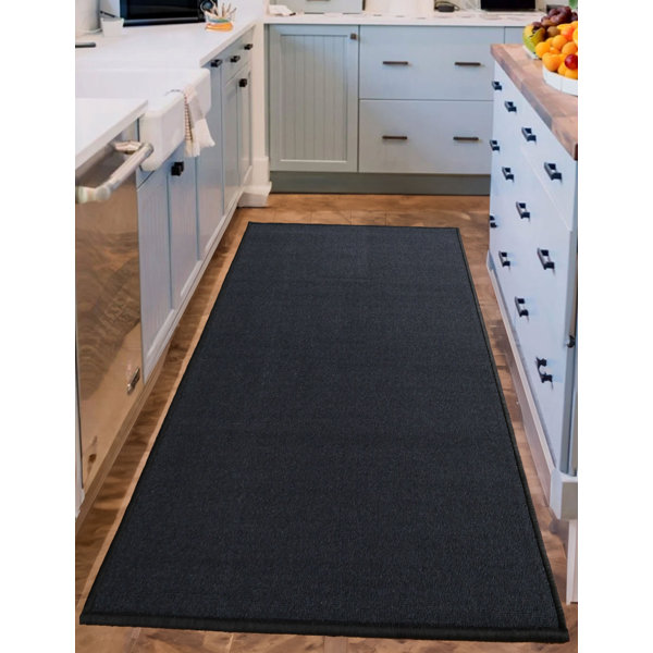 Ebern Designs Solid Color Black with Slip Resistant Low Pile Rug ...