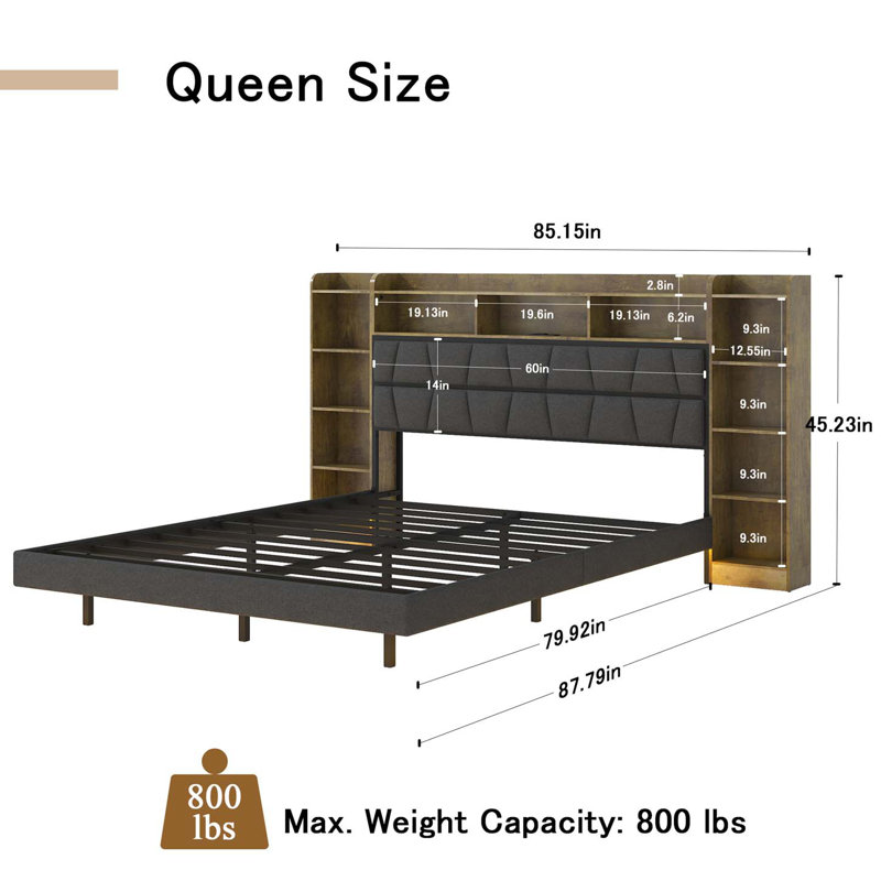 17 Stories Floating Queen Bed Frame With Led Light And Bookcase Storage ...
