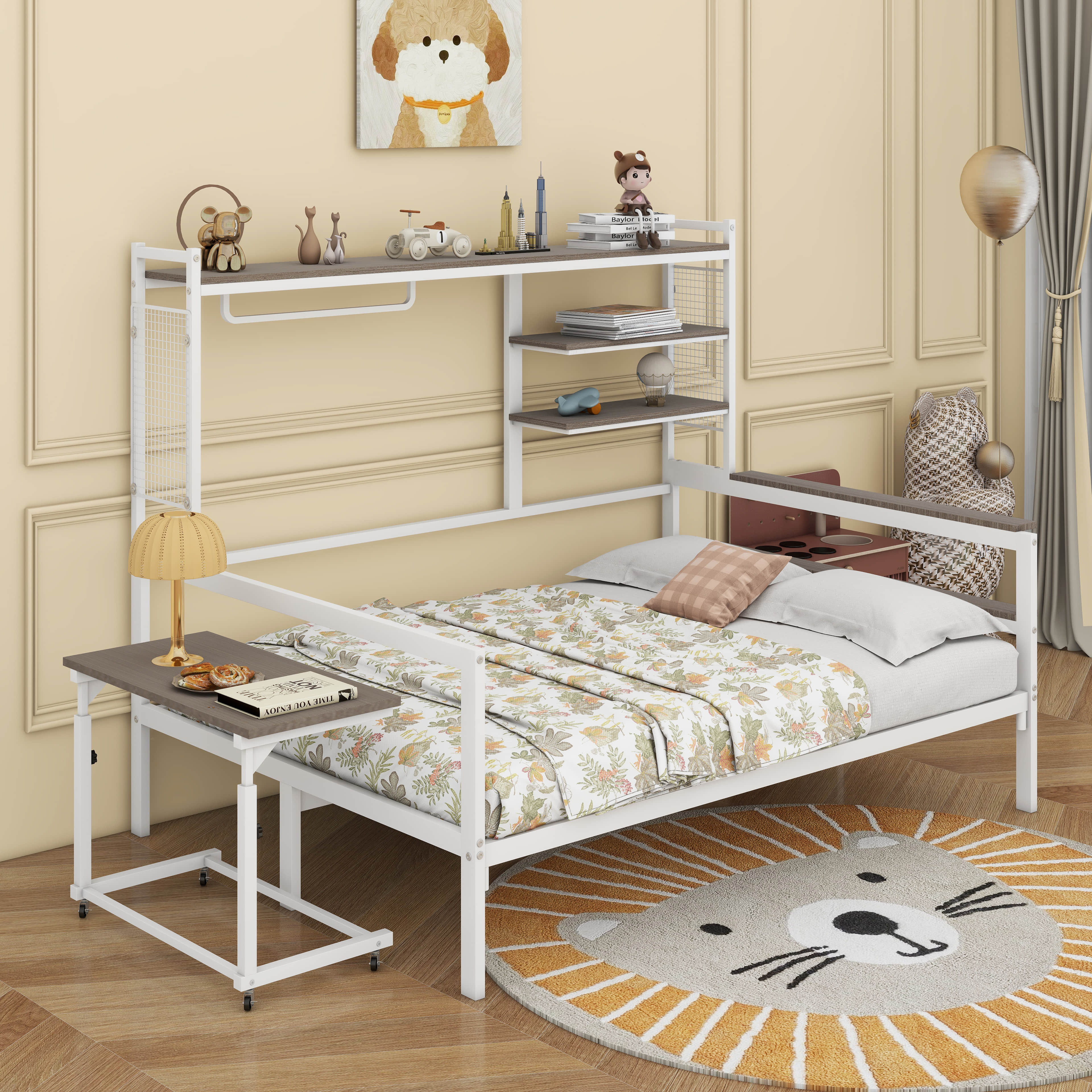 Latitude Run® Metal Daybed With Movable Desk, Metal Grid, Shelves And ...
