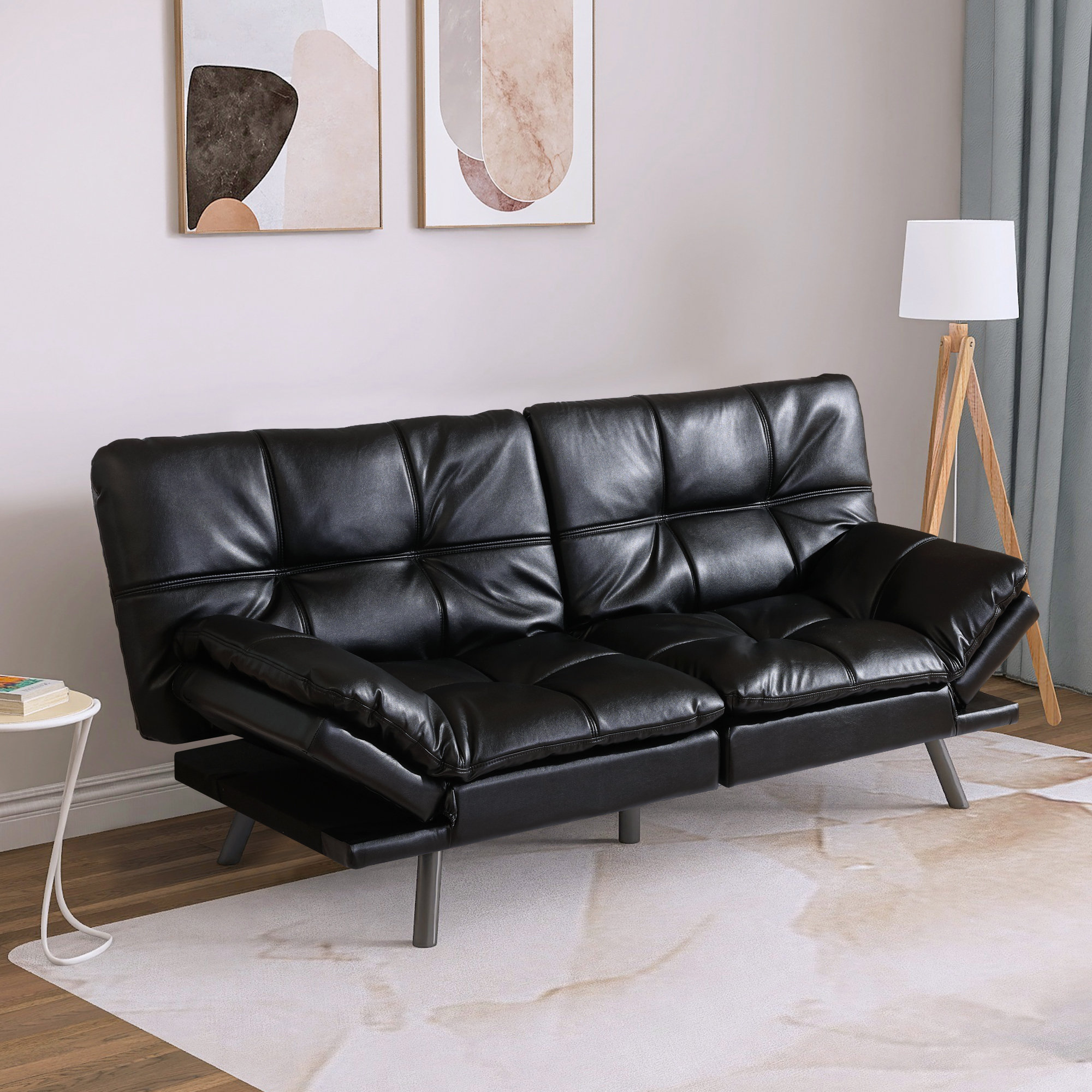 George Oliver Jaykob 71 Inch Convertible Leather Futon Sofa Bed with ...