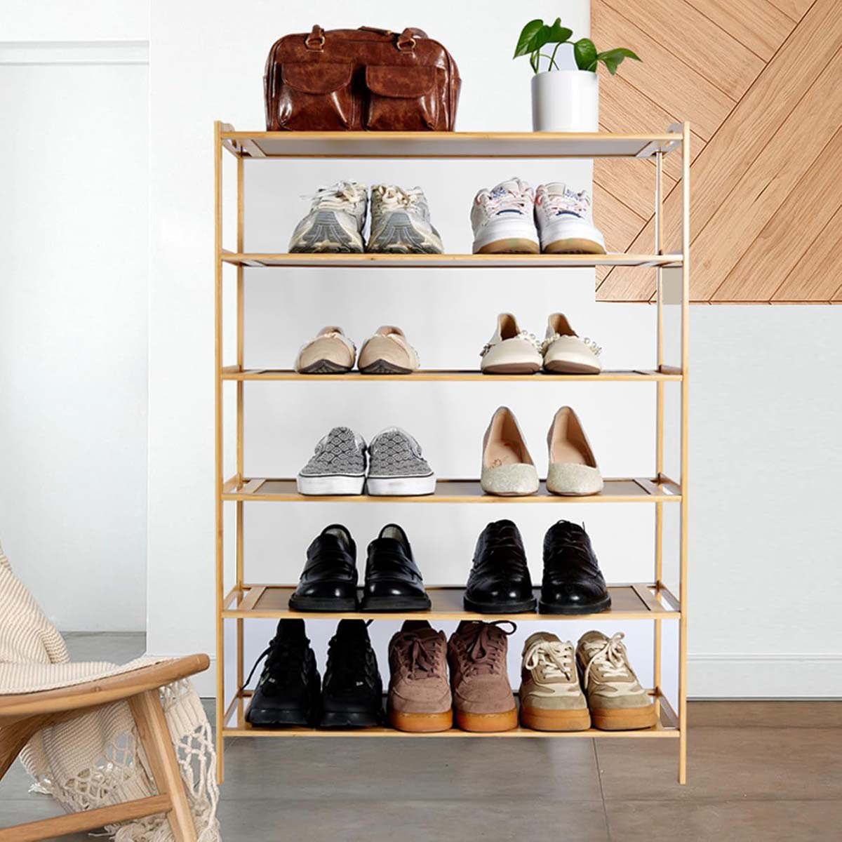 George Oliver 6 Tier Bamboo Shoe Rack For Closet, Free Standing Shoe ...