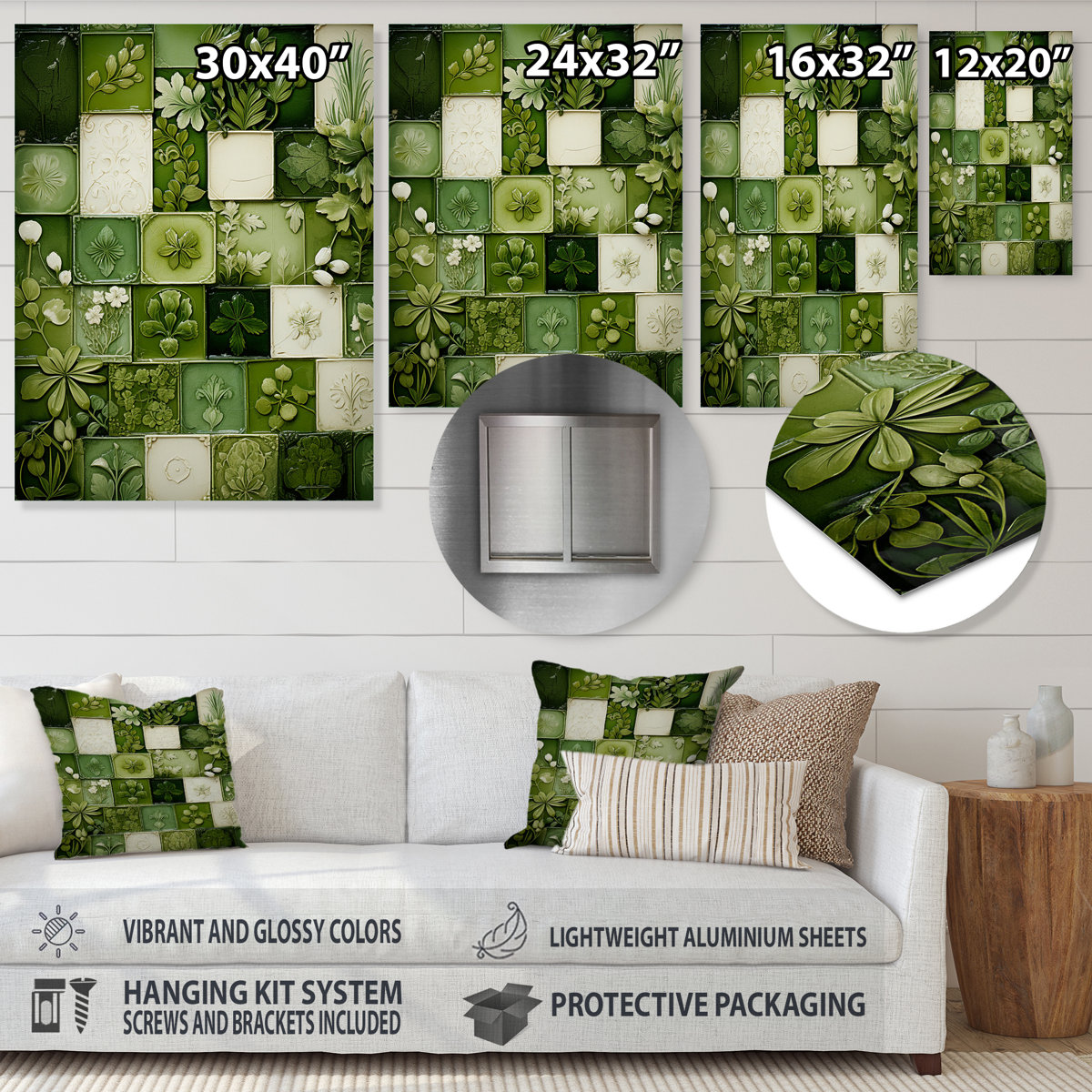 Lark Manor™ Botanicals Green Floral Tiles II - Abstract Tile Metal Wall ...