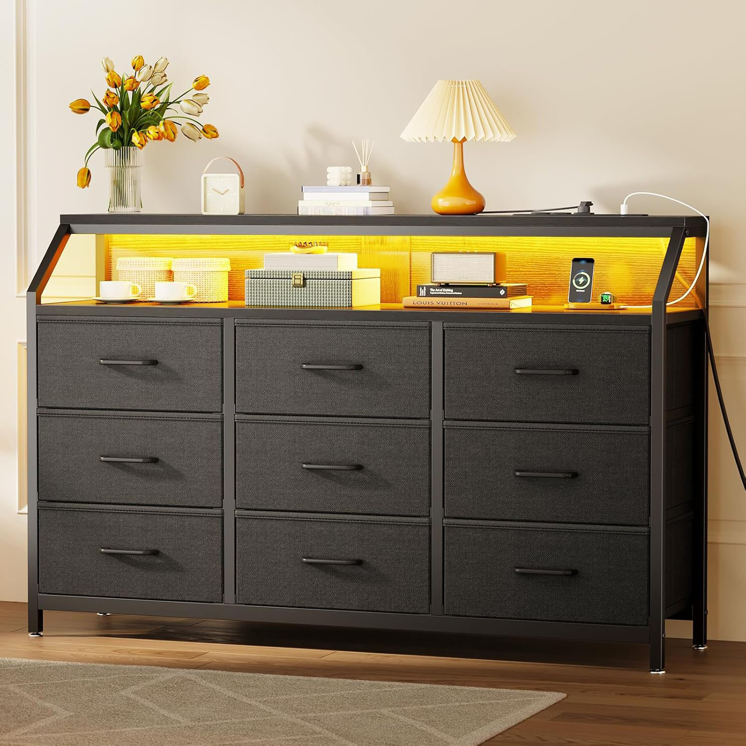 Wrought Studio™ Dresser For Bedroom With LED Lights, 9 Drawer Bedroom ...