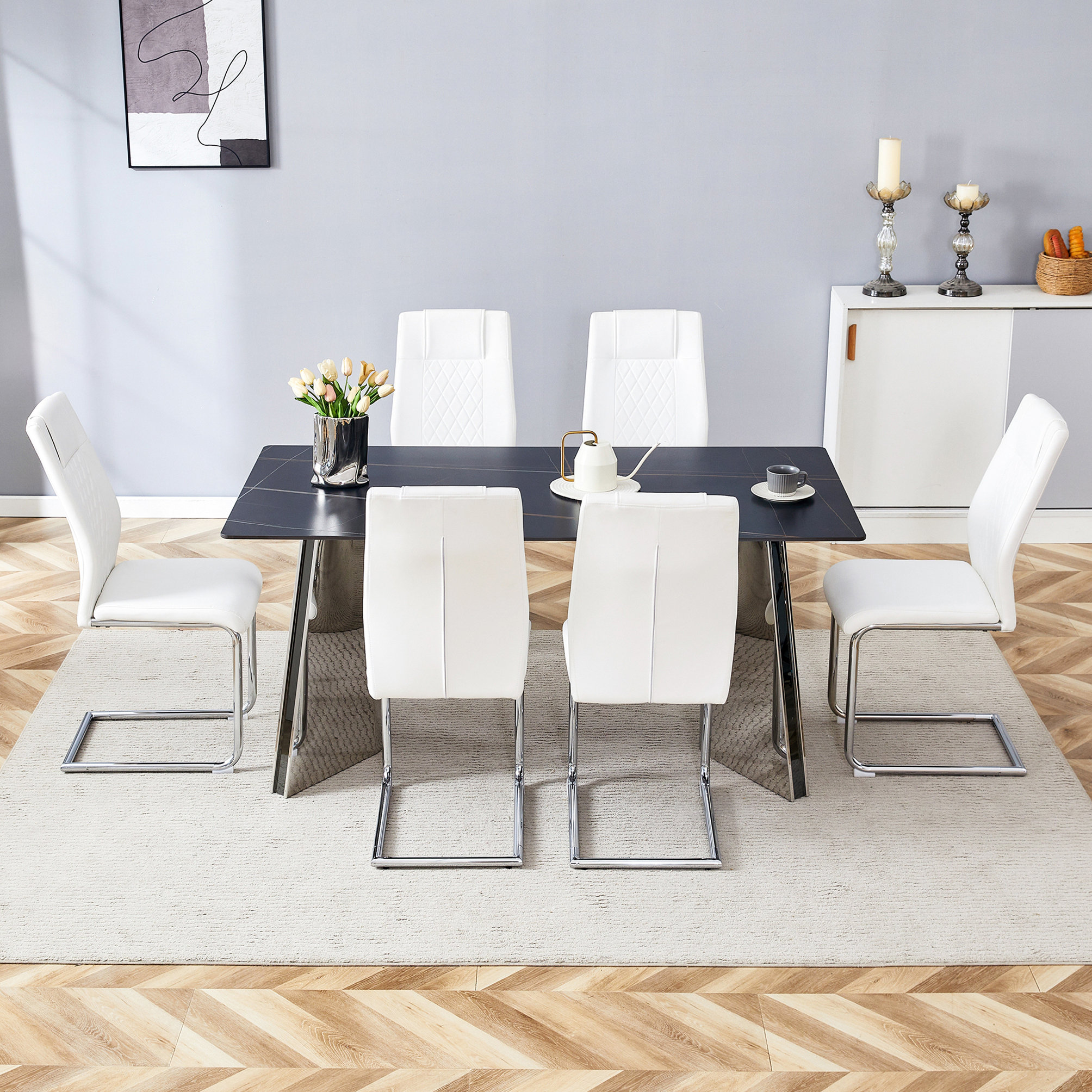 Everly Quinn Frome Table And Chair Set. Marble-Patterned Slabs Tabletop ...