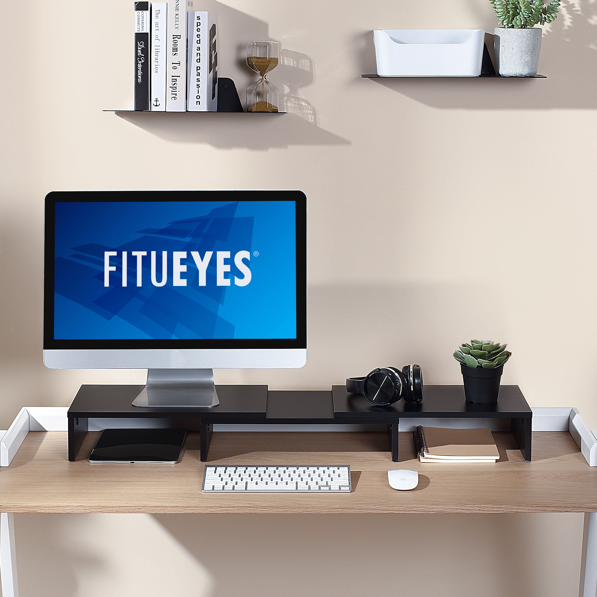 FITUEYES Dual Monitor Stand With Swivel Adjustable Shelf Wood Laptop ...