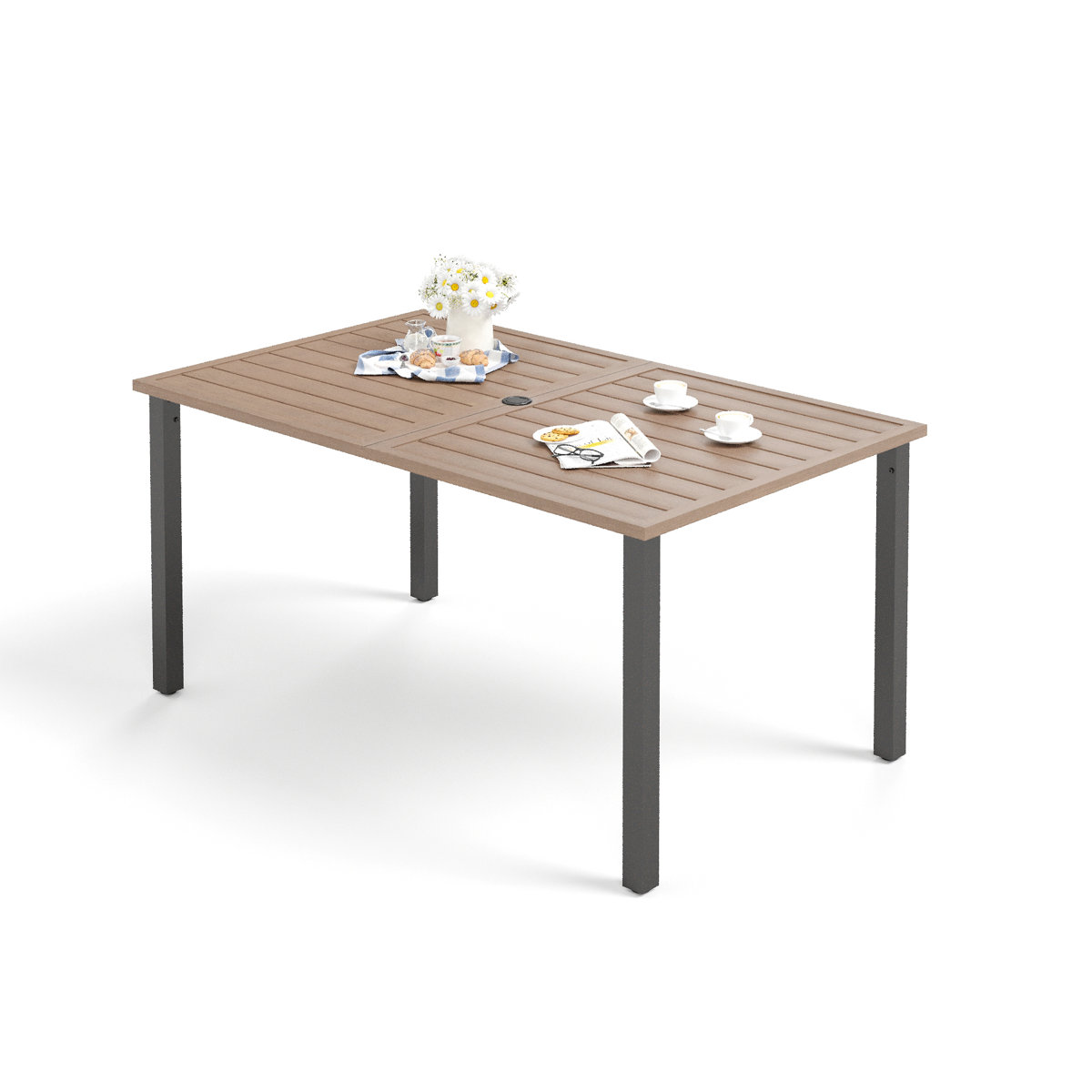 Hokku Designs Romik Rectangle Metal Frame Wood-like Patio Dining Table ...