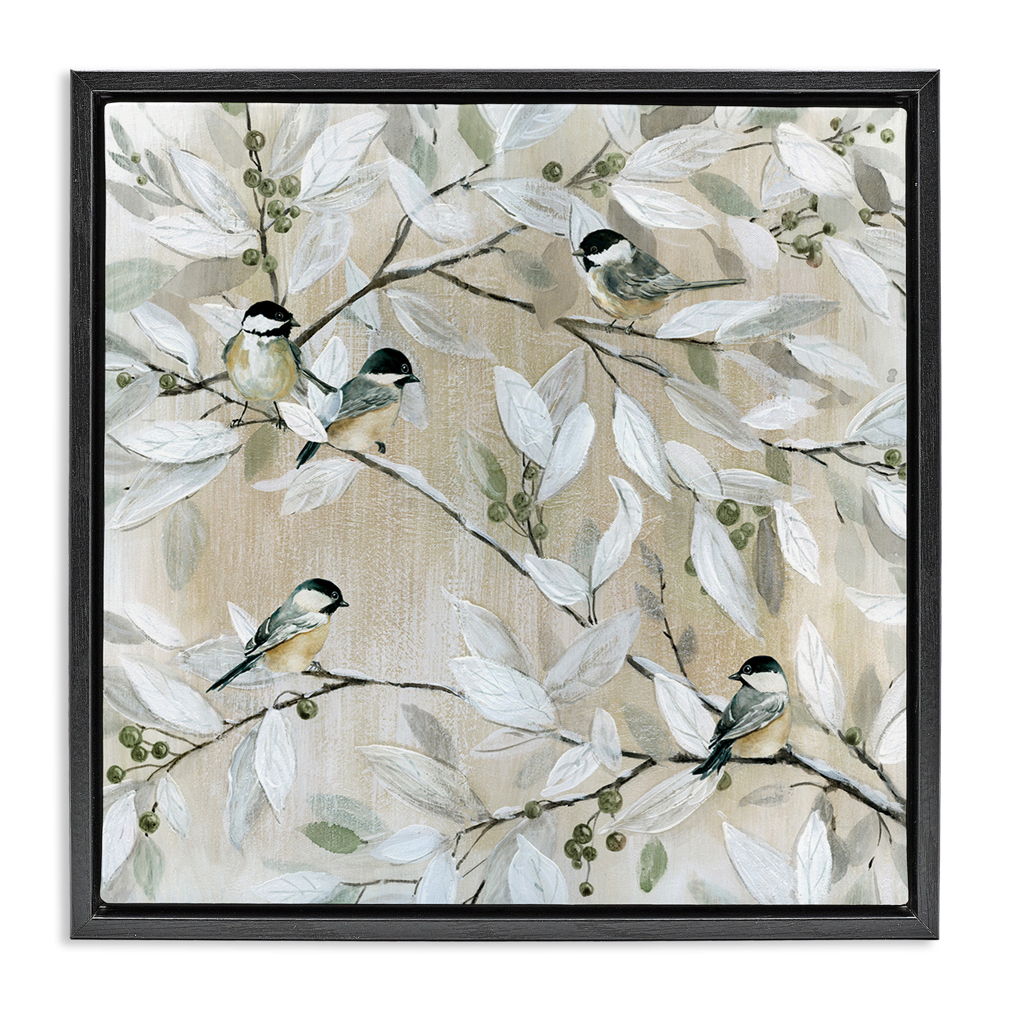 Lark Manor™ Chickadee Birds on Branches Grain Framed Floater Canvas ...