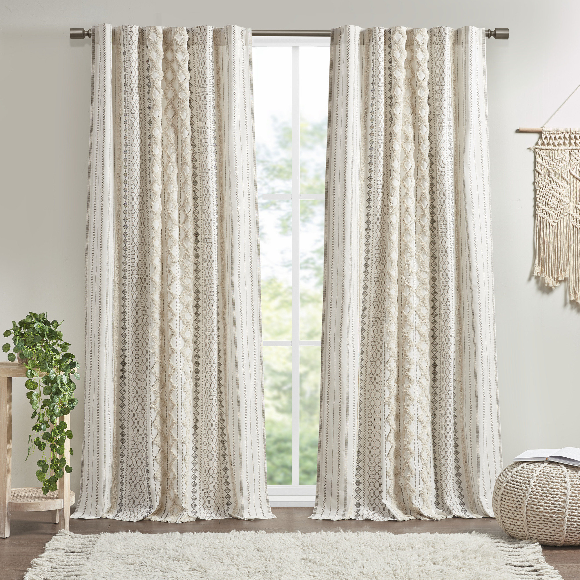 INK+IVY Imani Cotton Printed Curtain Panel with Chenille Stripe and ...