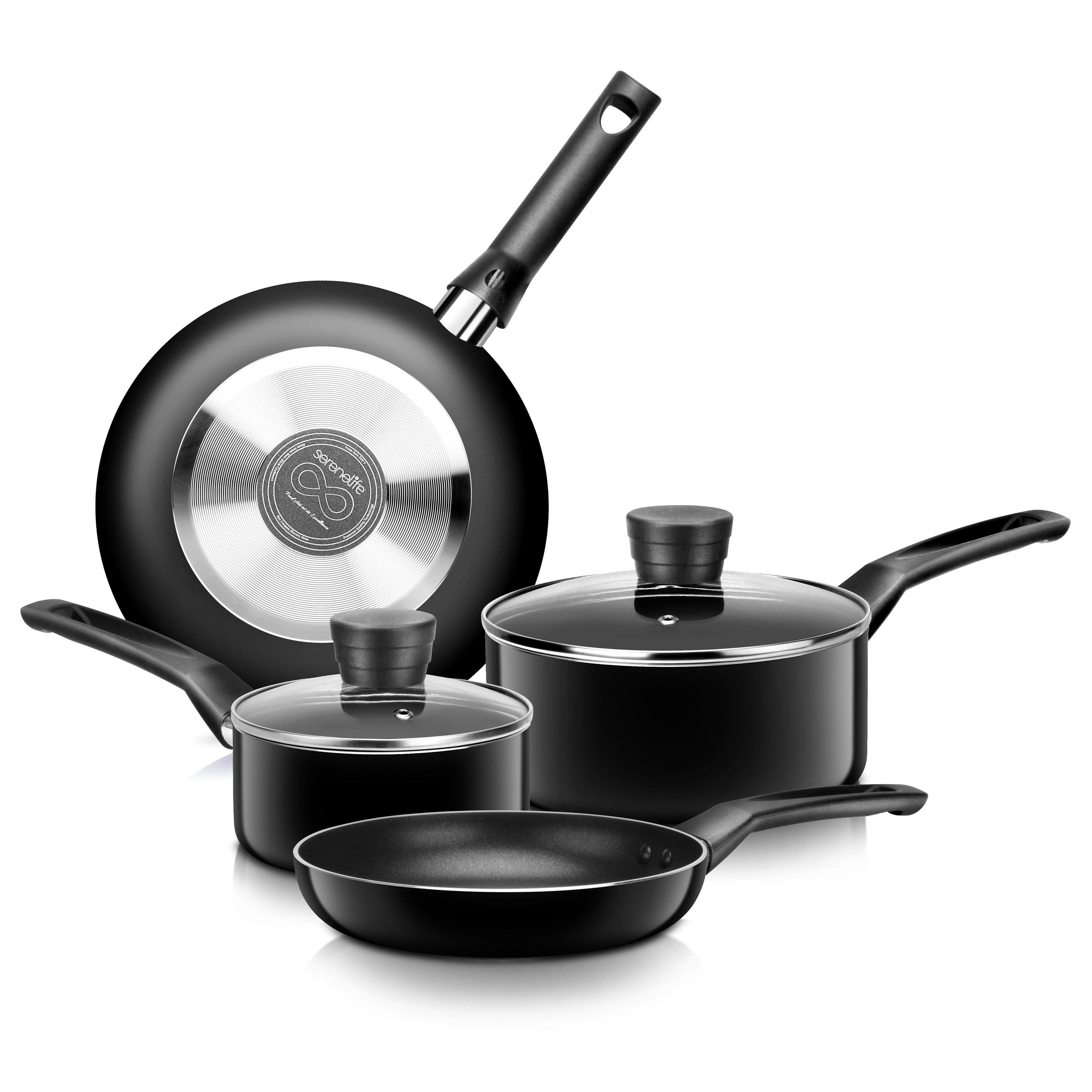 SereneLife Kitchenware Pots & Pans Set – Basic Kitchen Cookware, Black ...