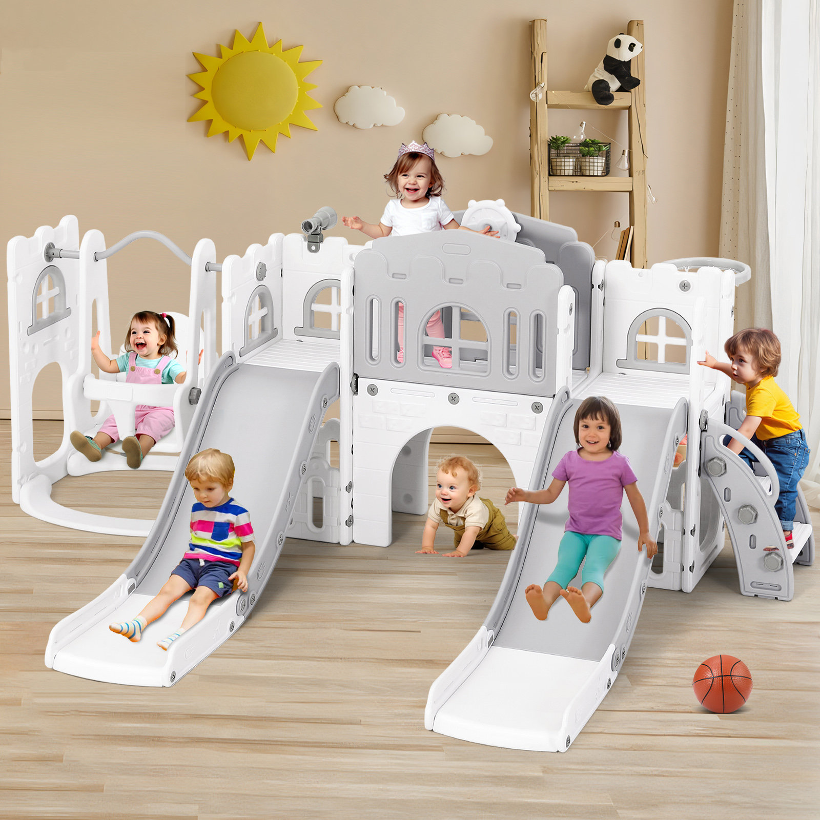 Joyldias 102.4'' W 9 In 1 Plastic Climber Toddler Slide With Swing ...
