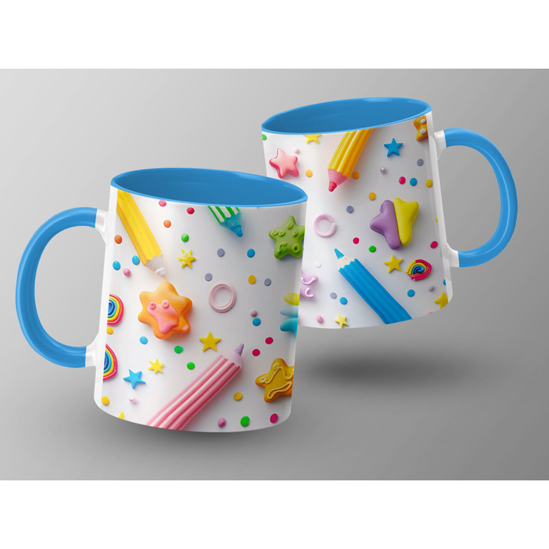 East Urban Home Set of 3 Kids Drawing Style 11oz Accent Mugs – White ...