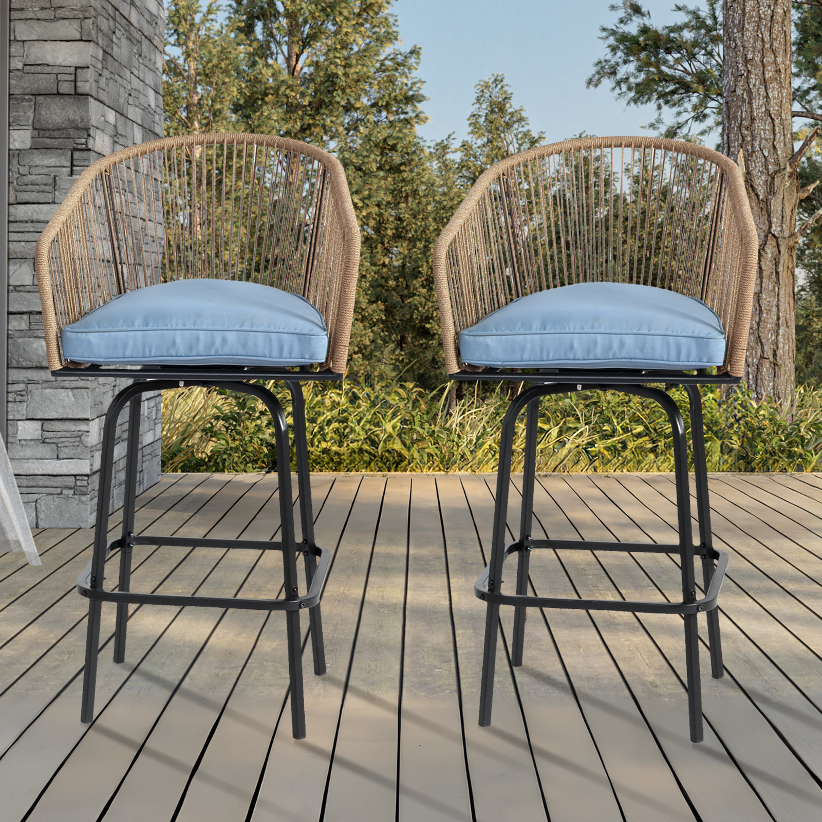 Bay Isle Home™ Outdoor Bar Stools Set Of 2, Patio Rattan Bar Chairs ...