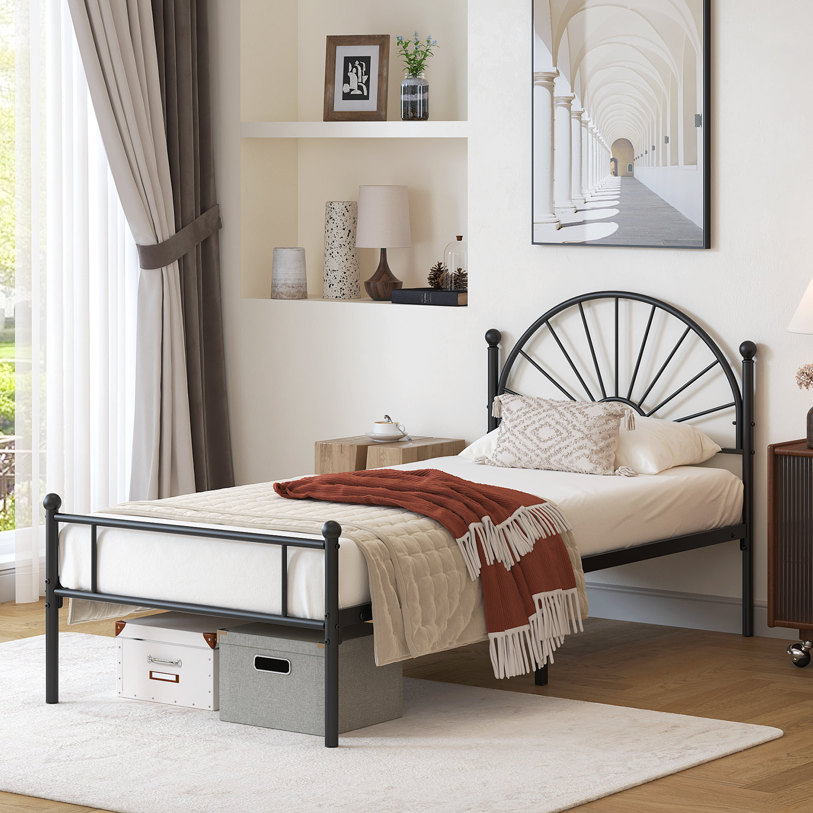 Charlton Home® Metal Twin Bed Frame With Fan-Shaped Headboard | Wayfair