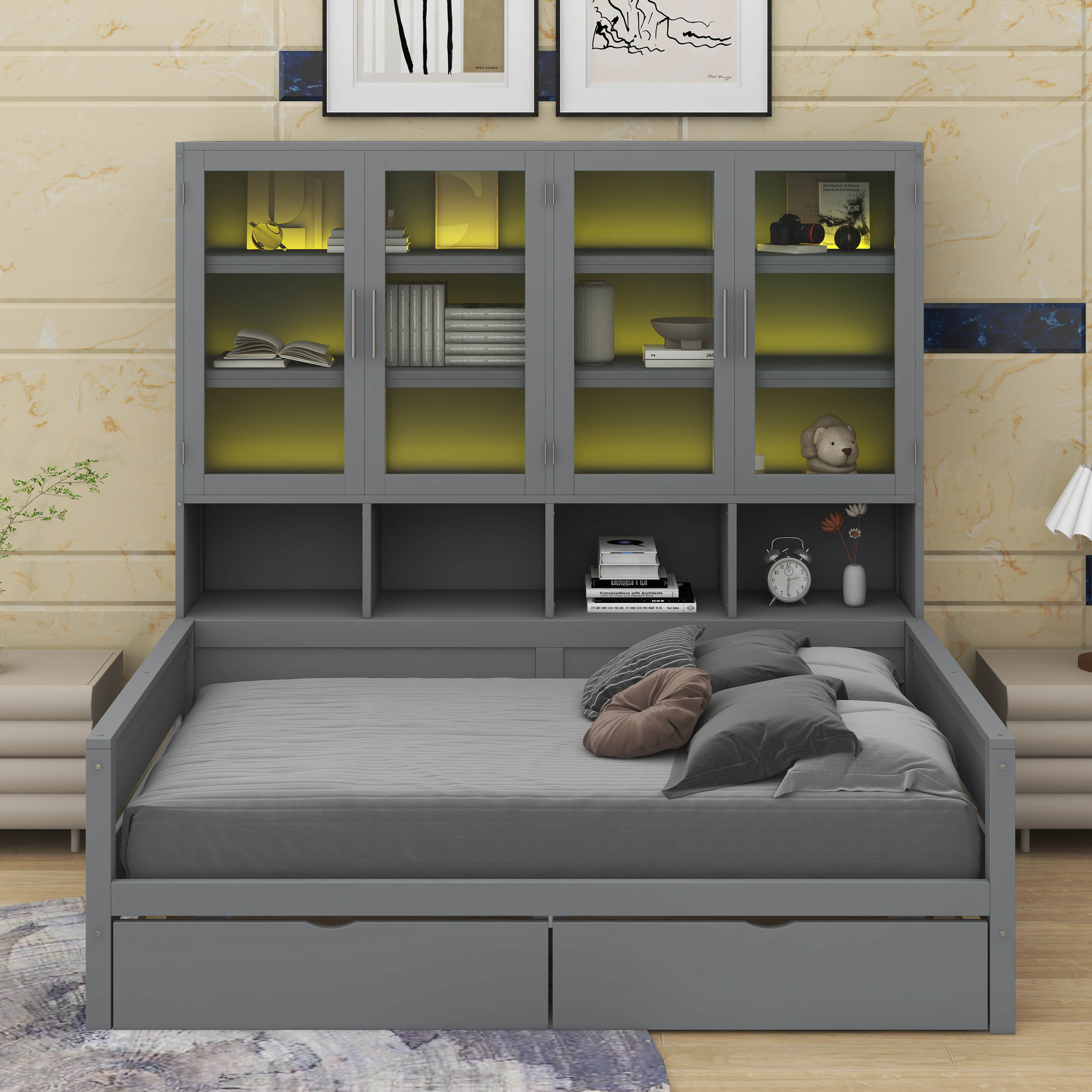 Corrigan Studio® Wooden Daybed With Glass-Door Storage Cabinets, LED ...