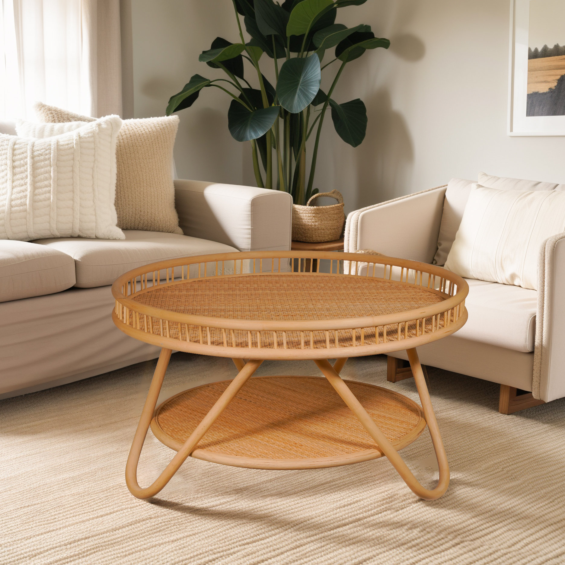 Bay Isle Home™ Artan 2-Tier Rattan Coffee Table, Hand Made Table Top, Round Coffee Table ...