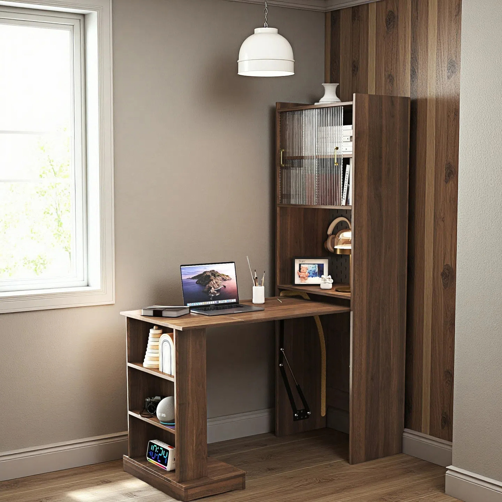 Loon Peak Tall Bookcase With Folding Desk With Storage,Two Sliding ...