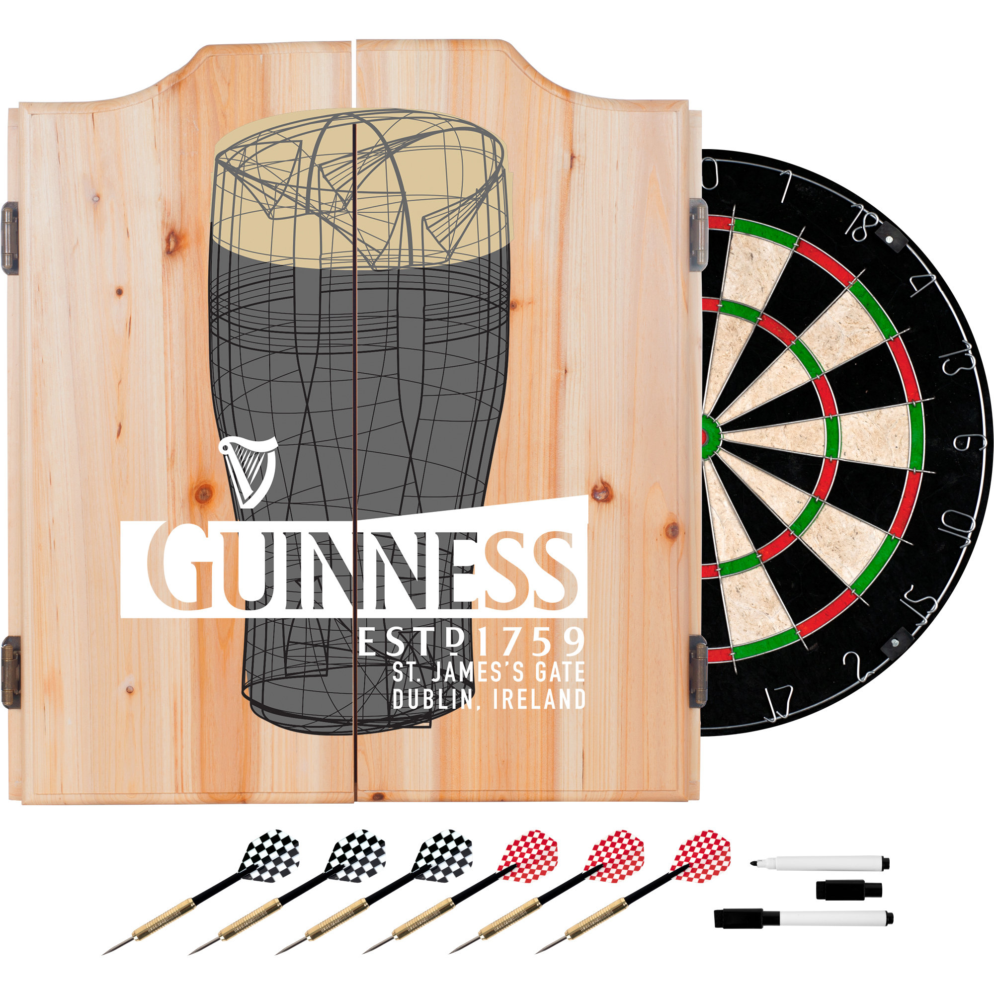 Trademark Global Guinness Line Art Pint Dartboard and Cabinet Set ...