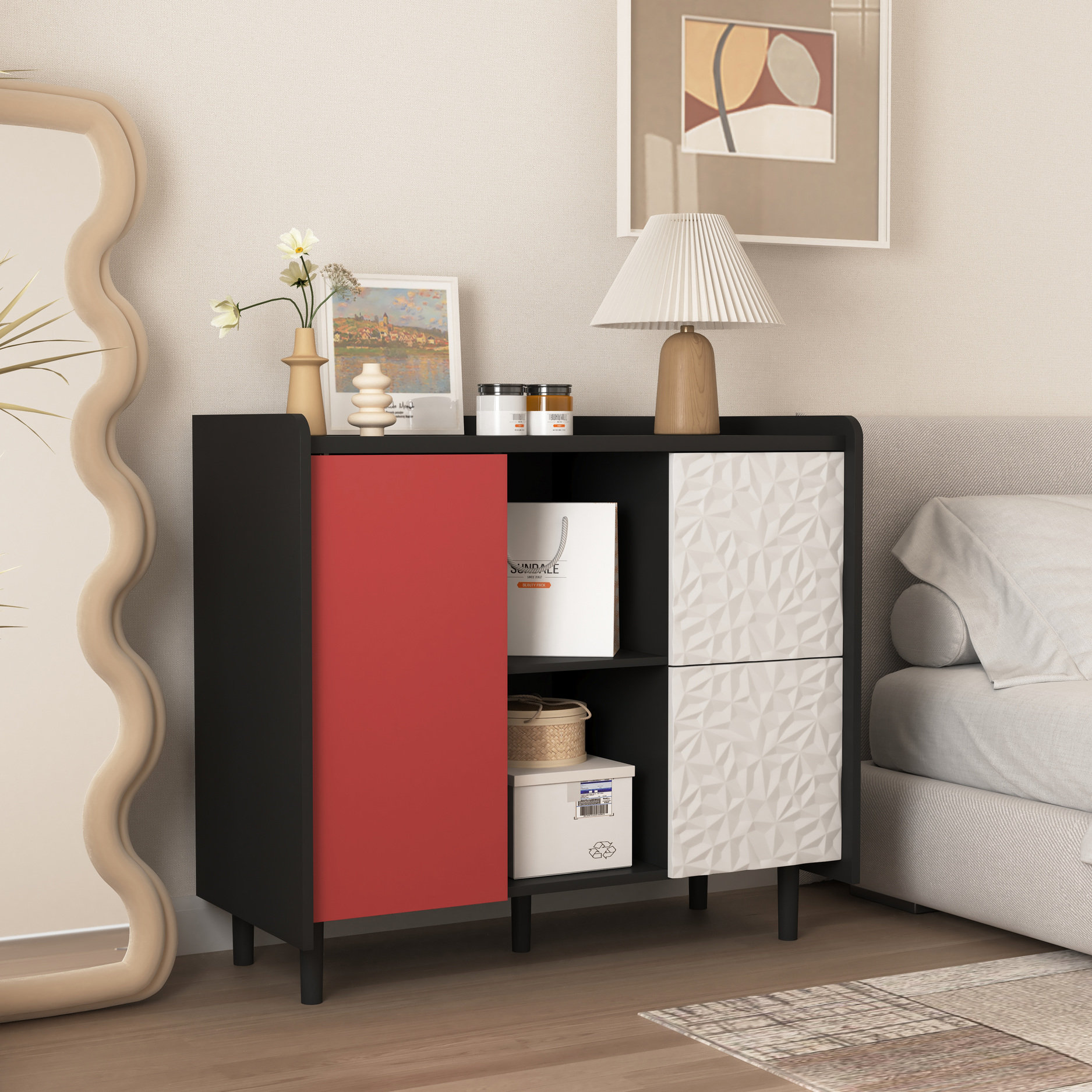 Latitude Run® Black And Red Sideboard With 2 Drawers Open Storage ...
